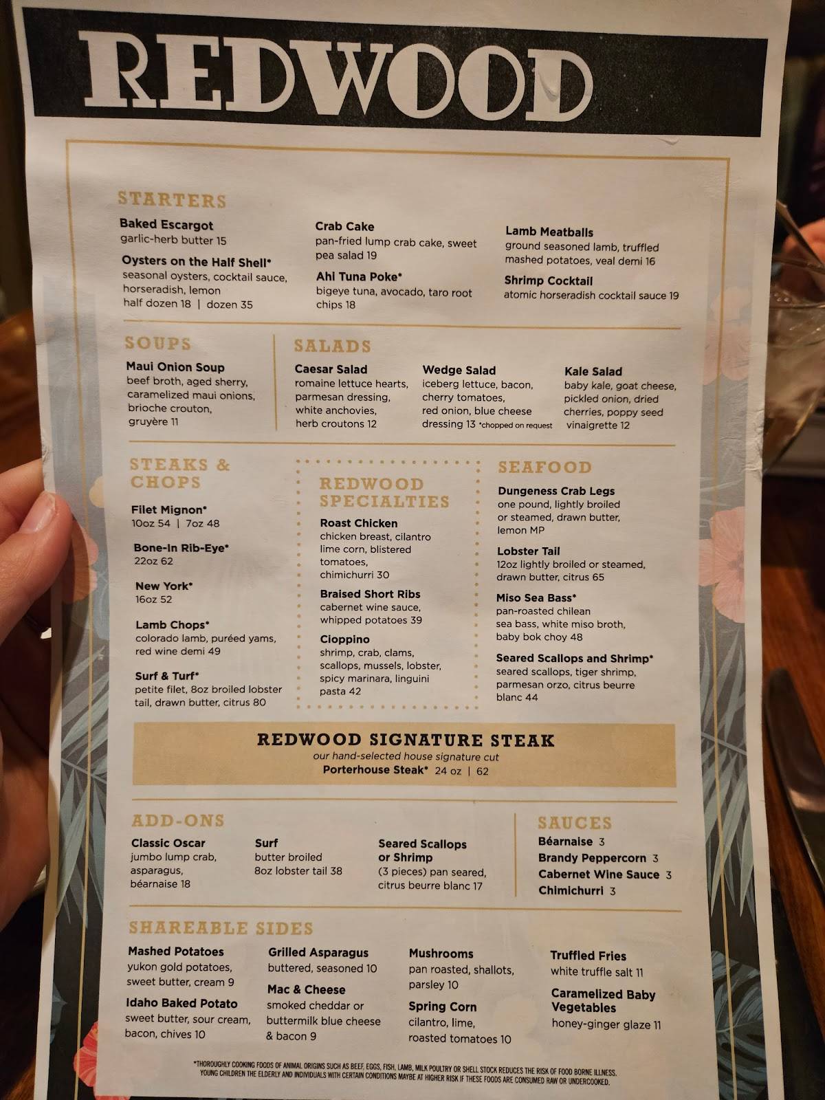 Menu at Redwood Steakhouse, Las Vegas
