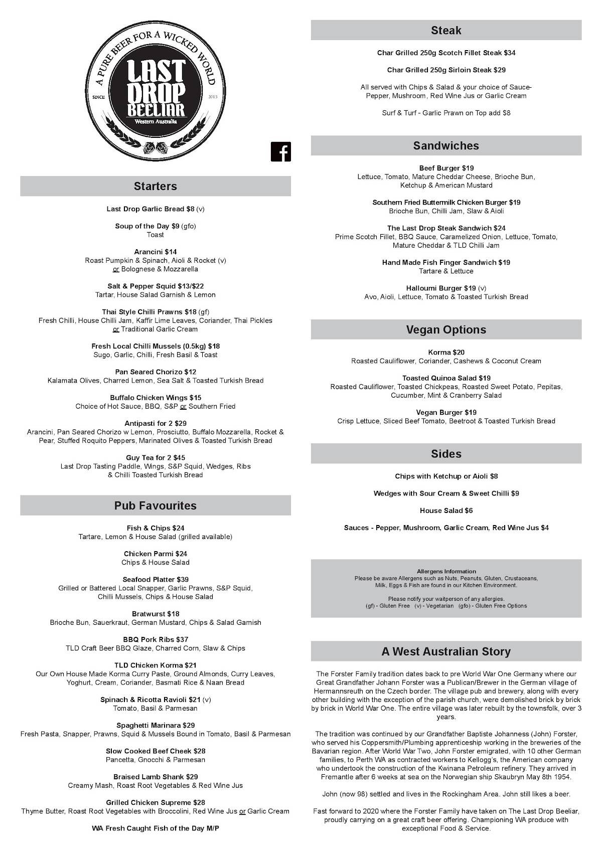 Menu at Last Drop Beeliar pub & bar, Cockburn Central