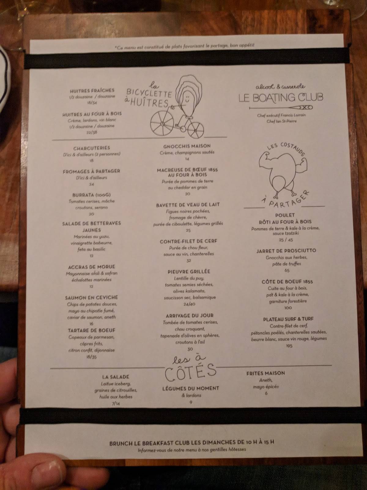 Menu at Le Boating Club, Laval
