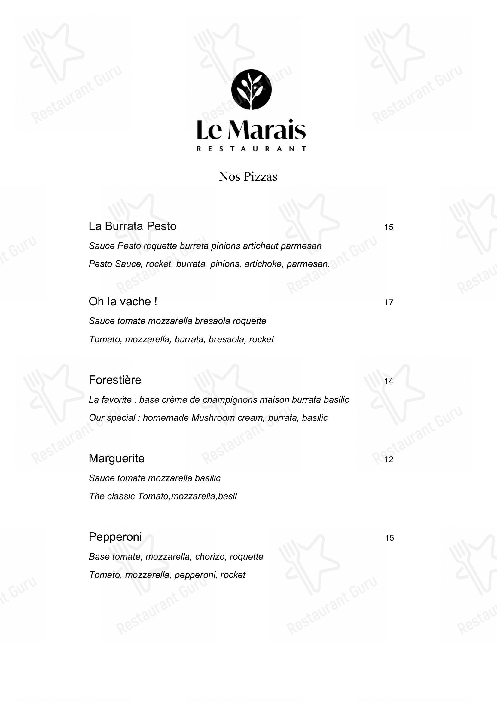 Menu au Le Marais Restaurant Paris, Paris
