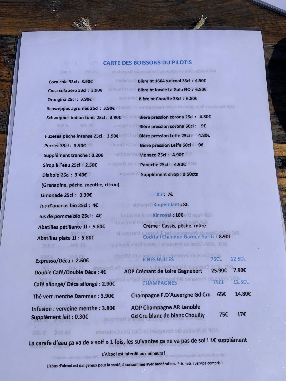 Menu au Le Pilotis restaurant, La Guérinière