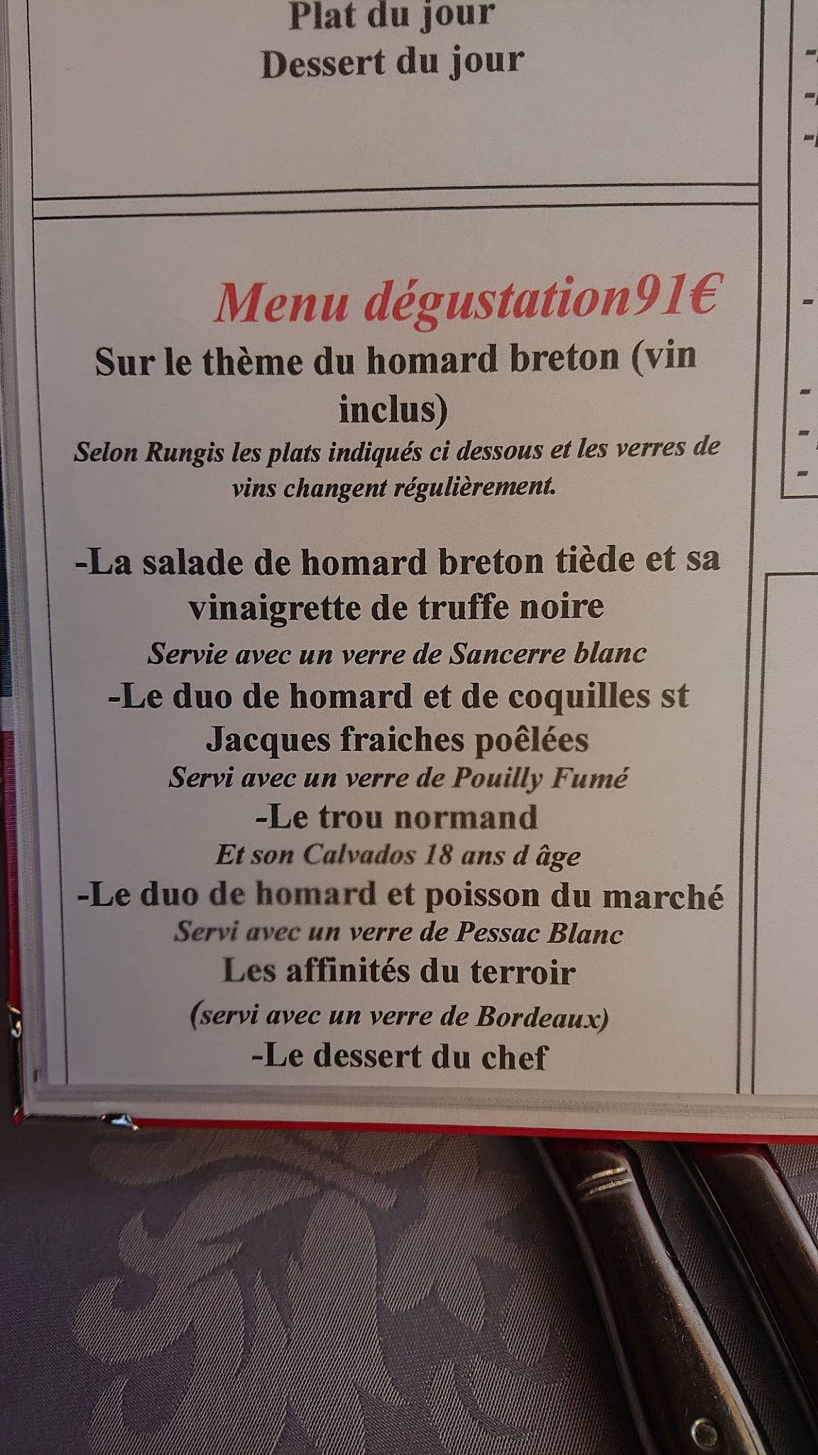 Menu au Le Rohan restaurant, Vigny