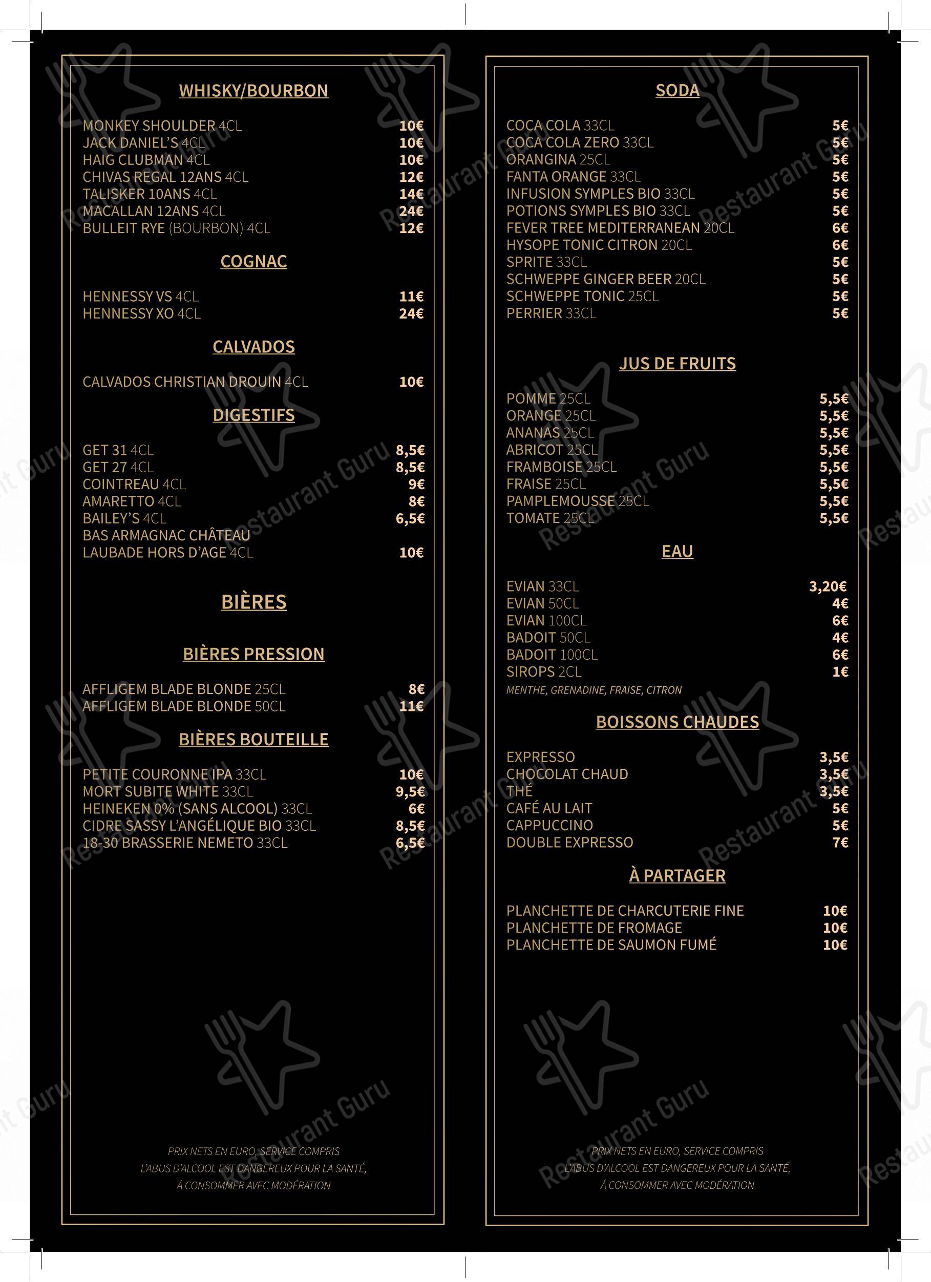 Menu au Le XII Bar Rooftop, Courbevoie