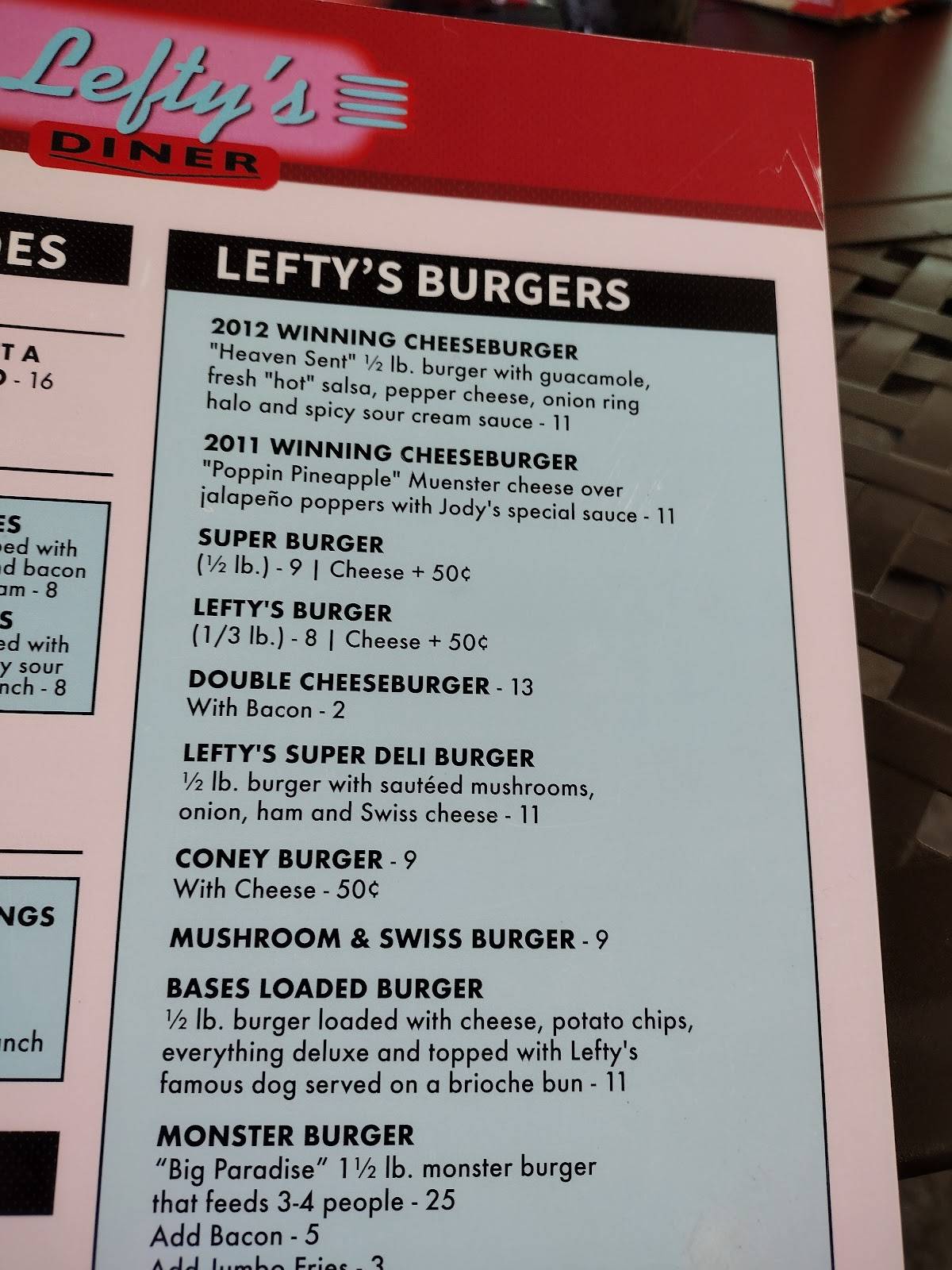Menu at Lefty's Diner restaurant, Caseville, Main St