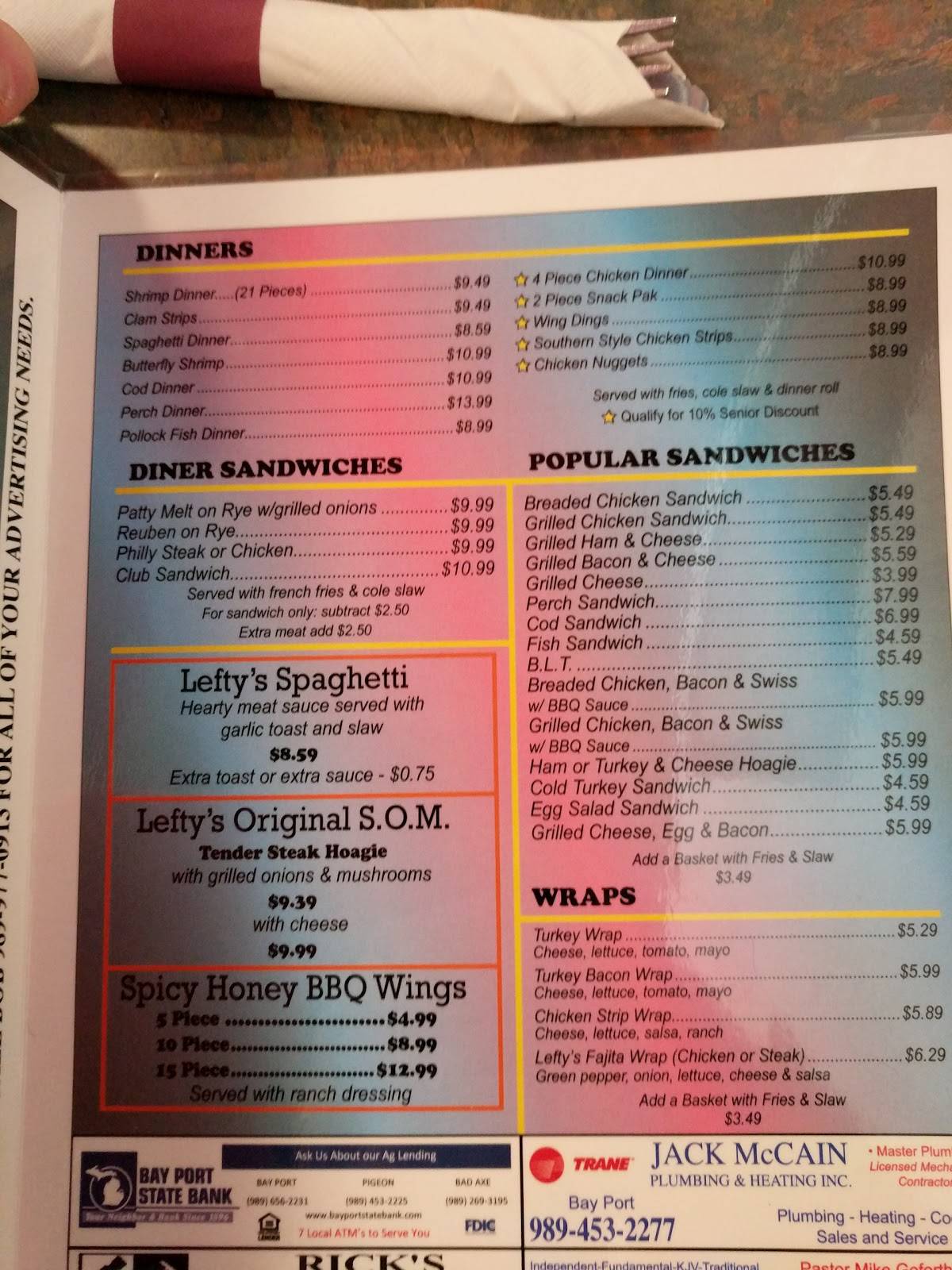 Menu at Lefty's Diner restaurant, Caseville, Main St