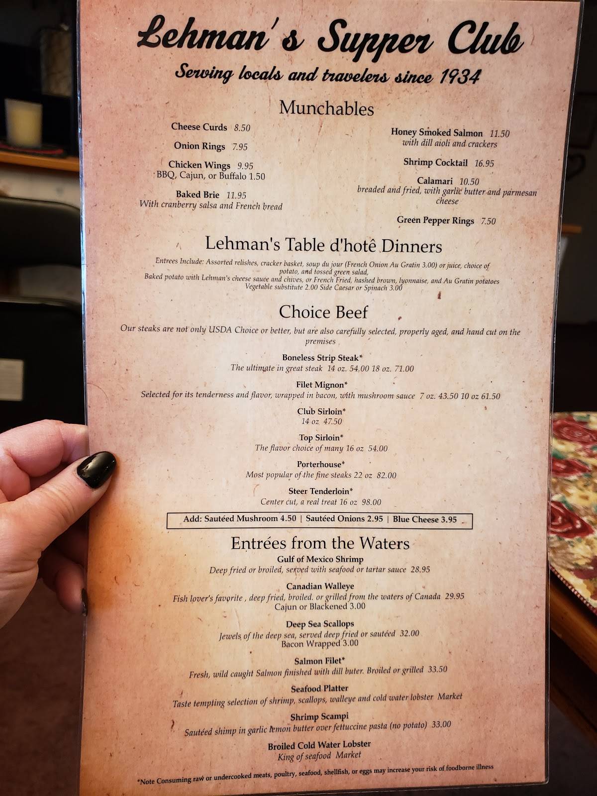 Menu at Lehman's Supper Club, Rice Lake