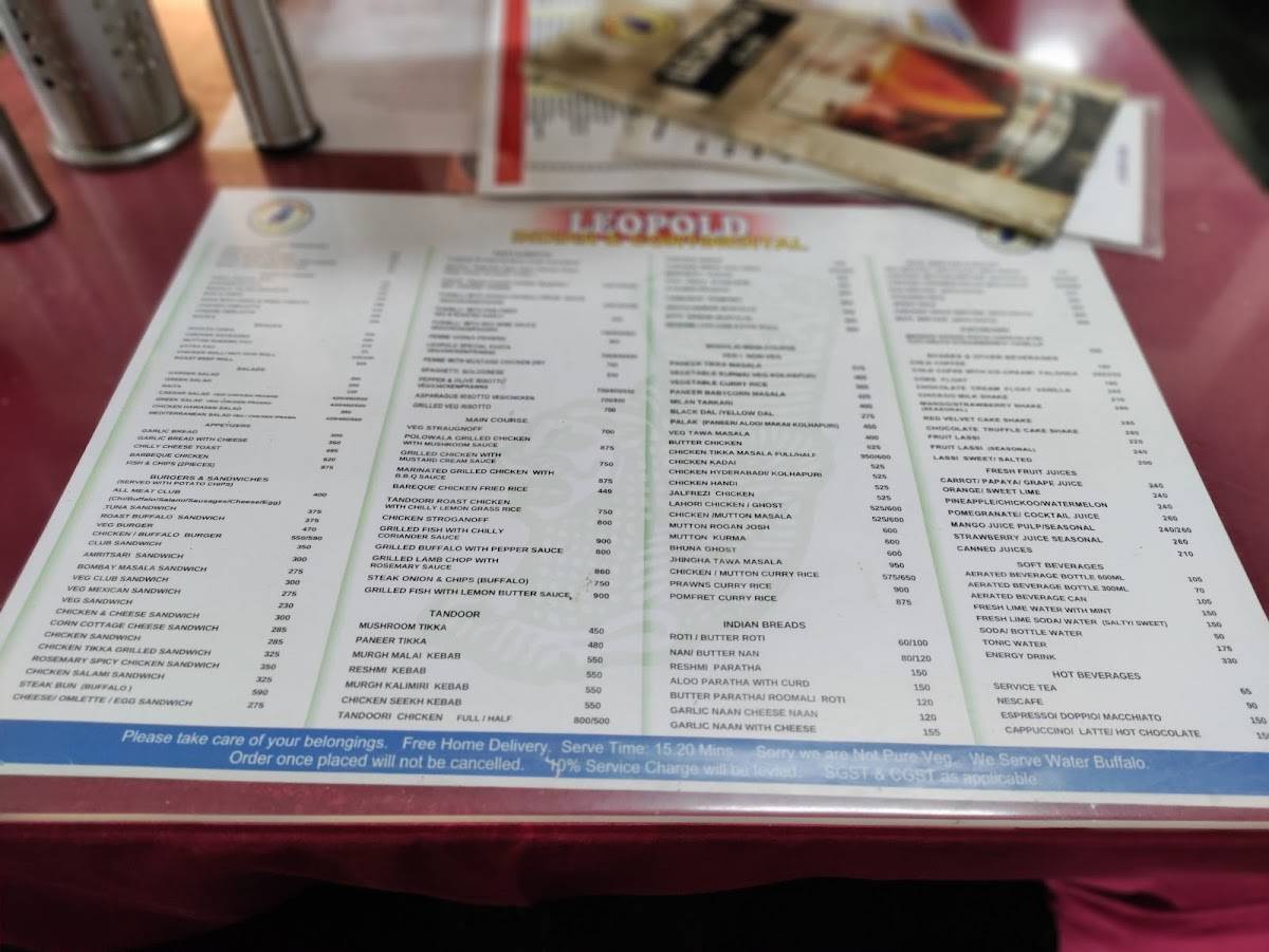Menu at Leopold Cafe, Mumbai, Police Station