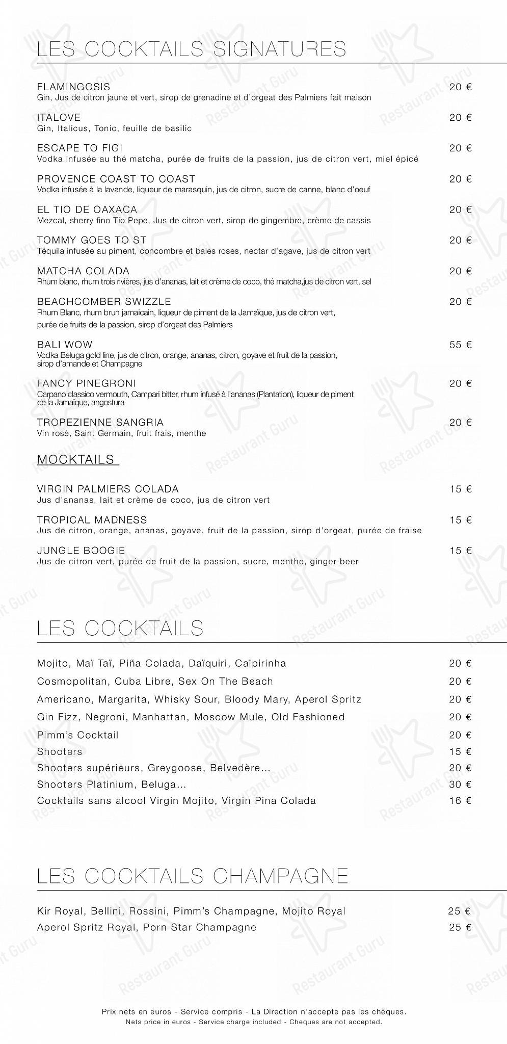 Menu au Les Palmiers restaurant, Ramatuelle