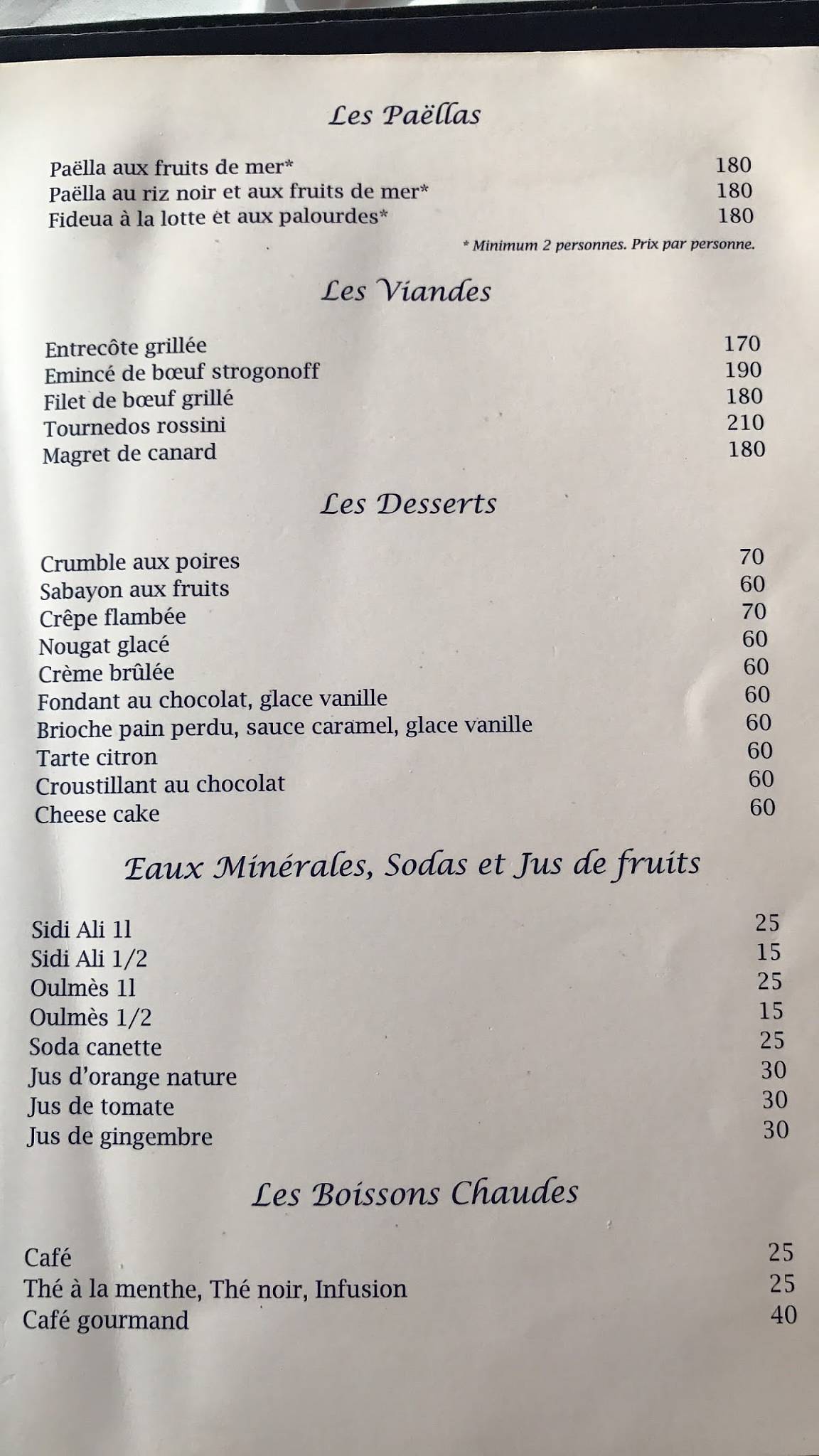 Menu au Les Trois Palmiers restaurant, Temara
