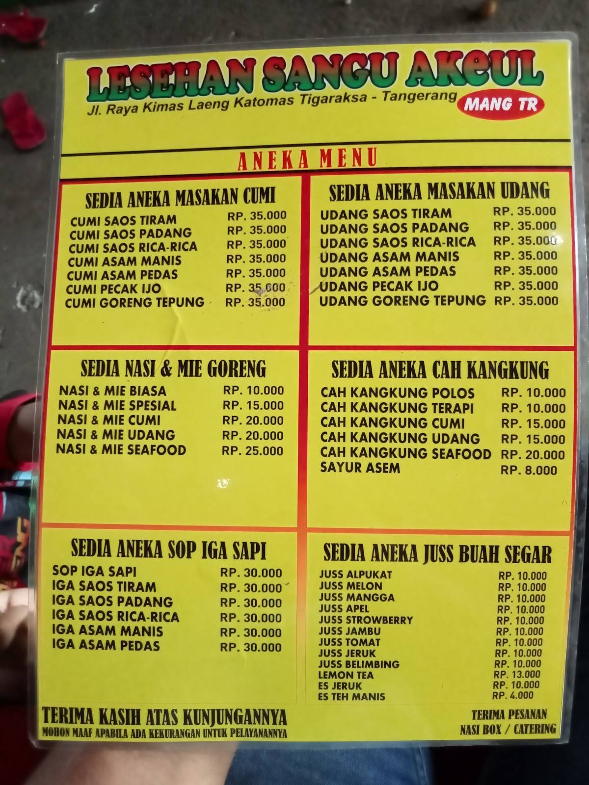 Menu at Lesehan Sangu Akuel restaurant, Pete