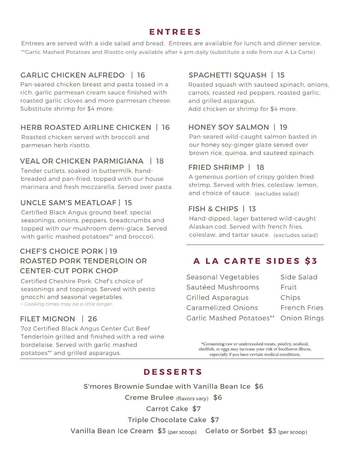 Menu at Liberty Grille restaurant, Summerfield