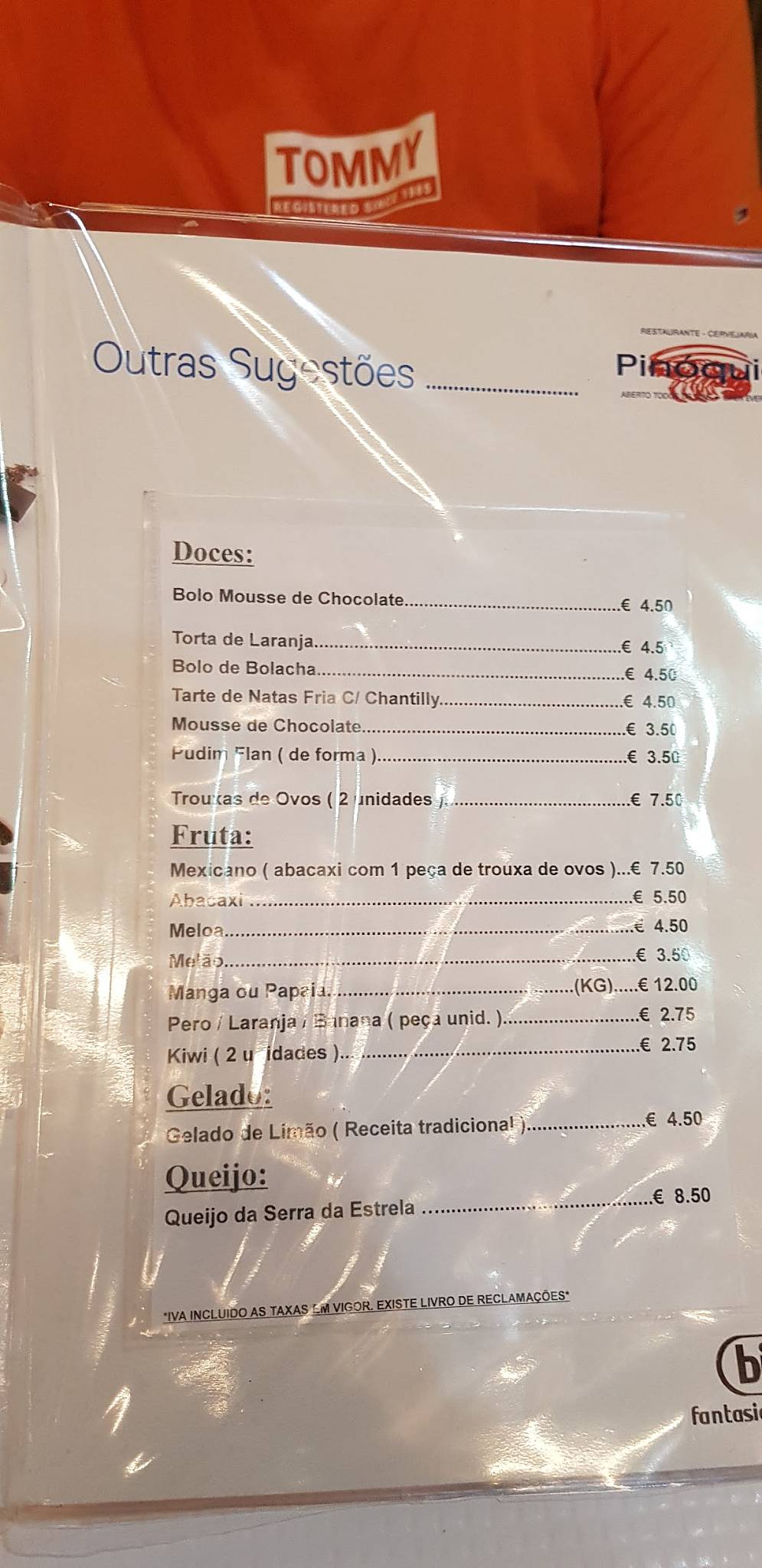 Menu at Pinóquio restaurant, Lisbon, Praça dos Restauradores 79 80