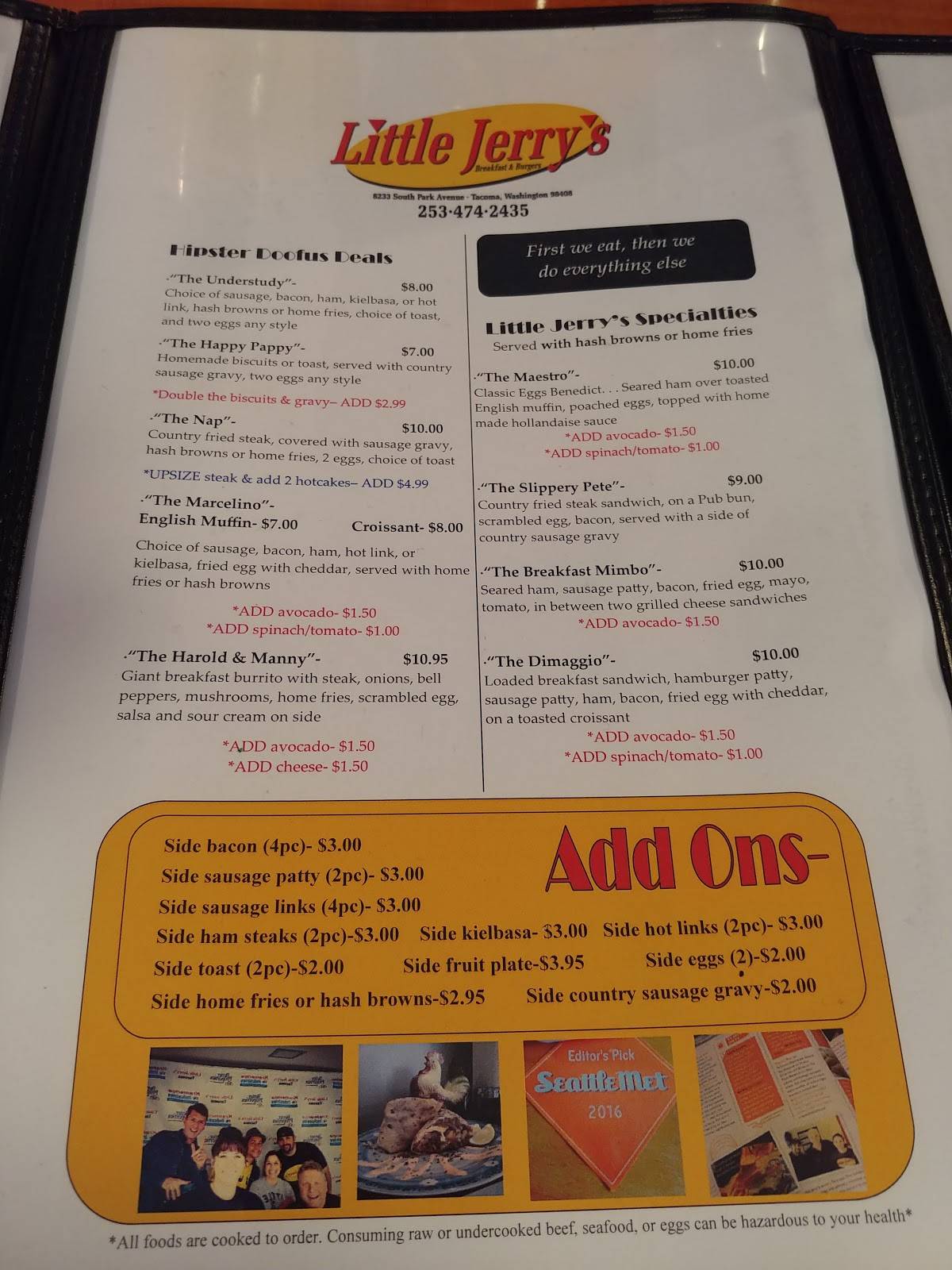 Menu at Little Jerry's restaurant, Tacoma, Park Ave. S