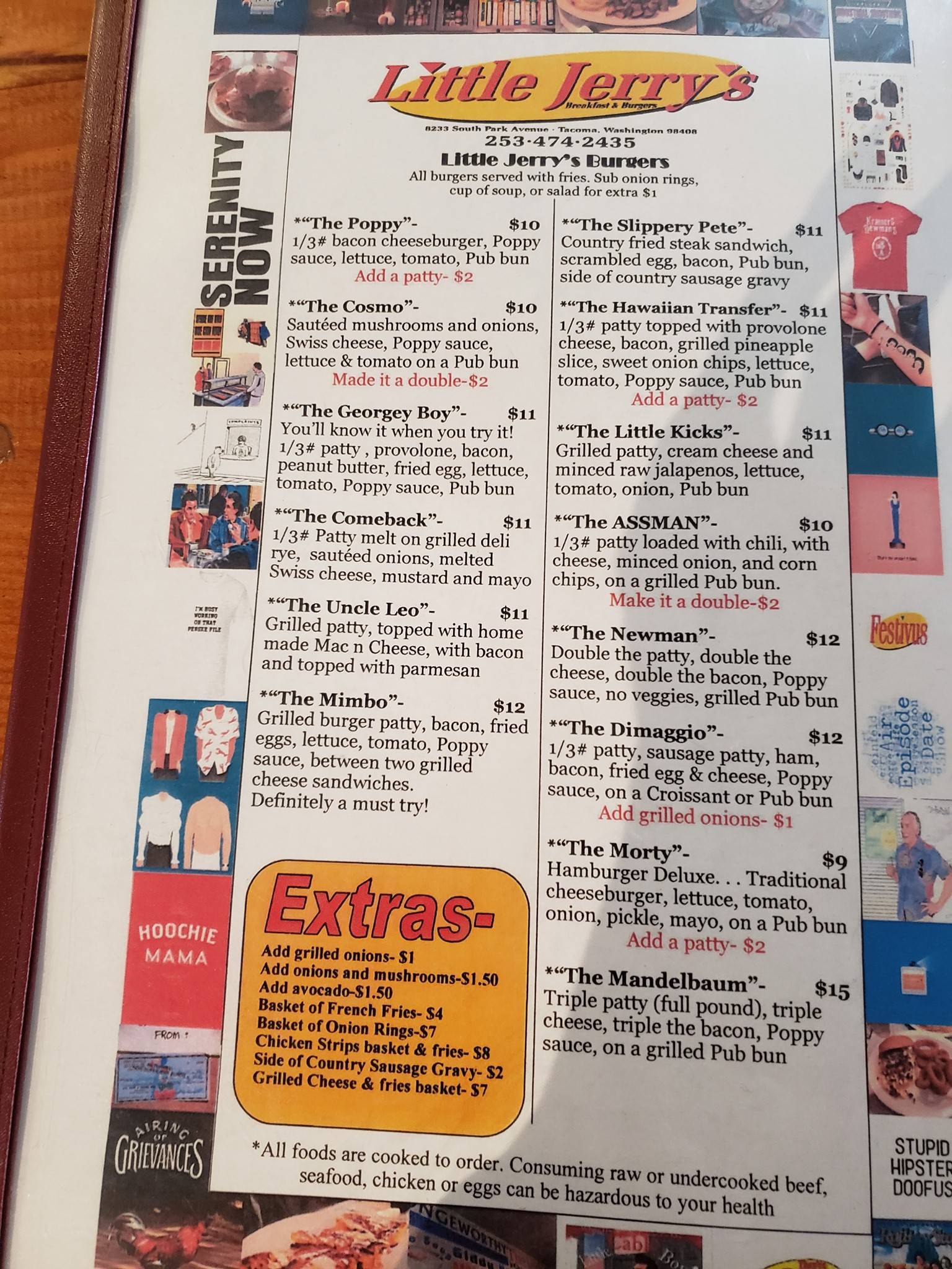 Menu at Little Jerry's restaurant, Tacoma, Park Ave. S
