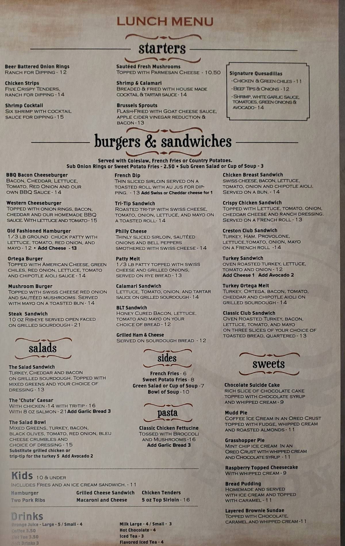 Menu at Loading Chute Restaurant and Barn, Creston