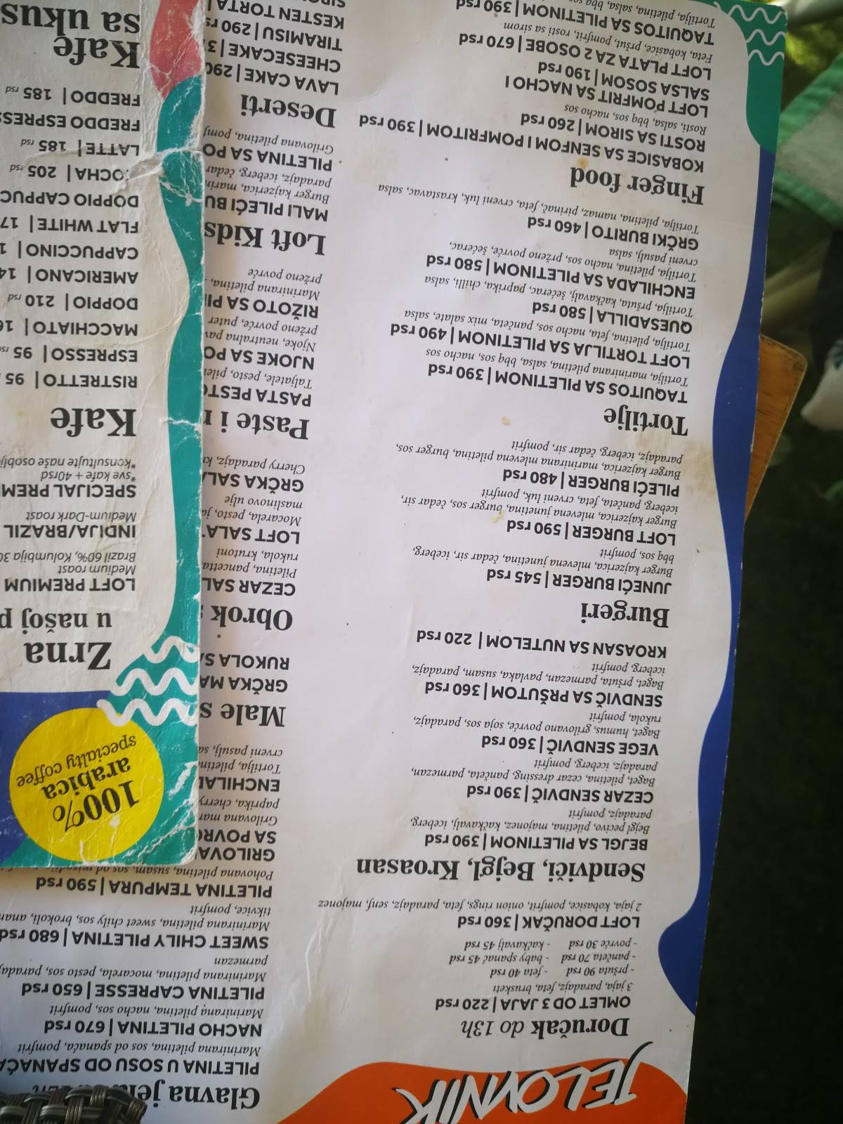 Menu at Loft River, Restaurant & Beach Bar, Novi Sad