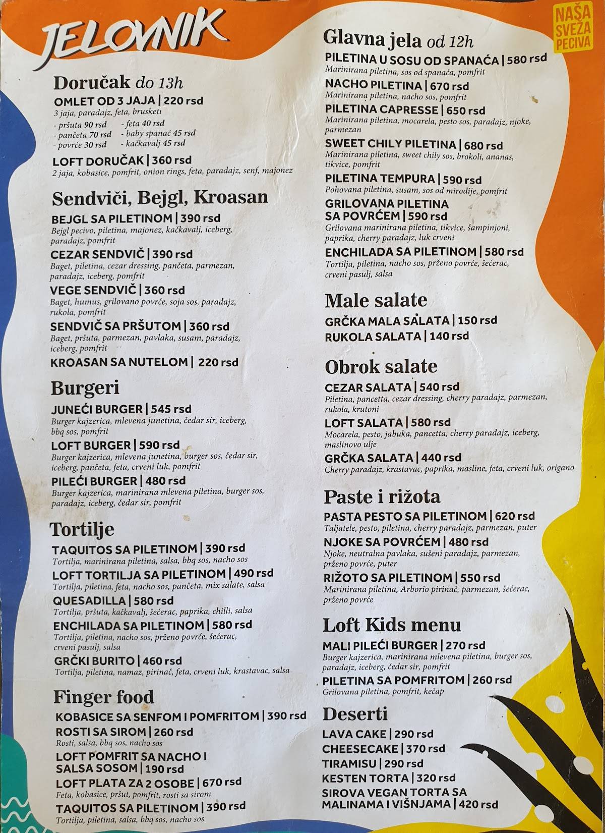 Menu at Loft River, Restaurant & Beach Bar, Novi Sad