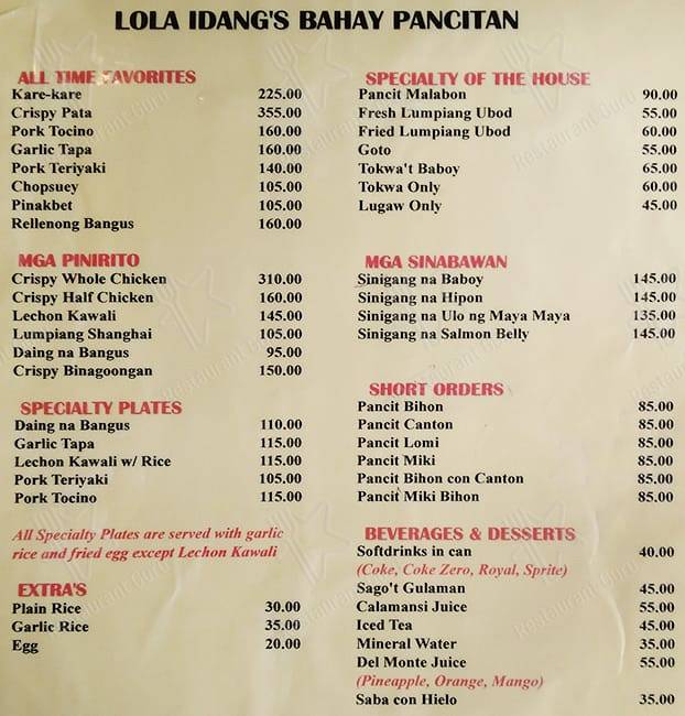 Menu at Lola Idang's Bahay Pancitan restaurant, Quezon City
