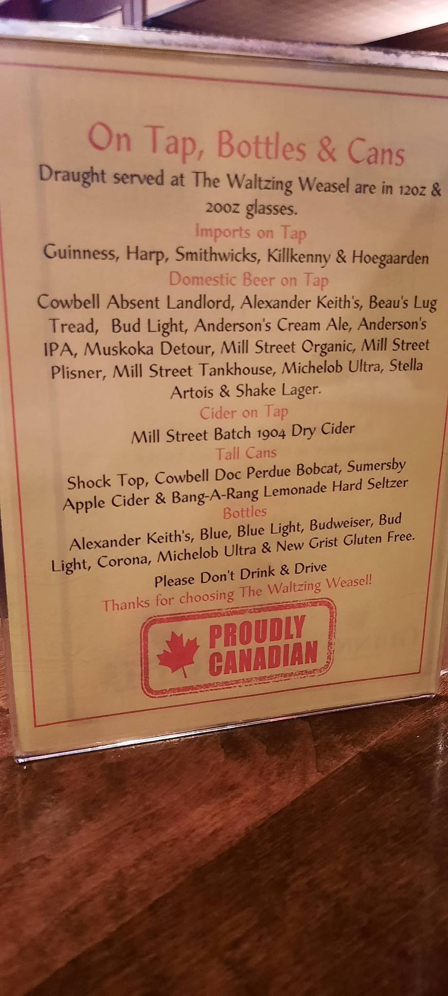 Menu at The Waltzing Weasel pub & bar, London