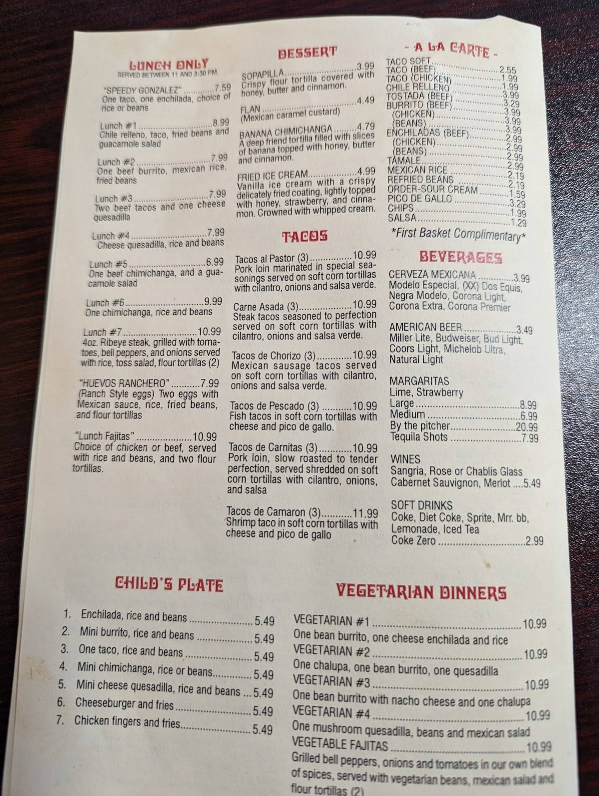 Menu at Los 3 Mariachis restaurant, Folkston