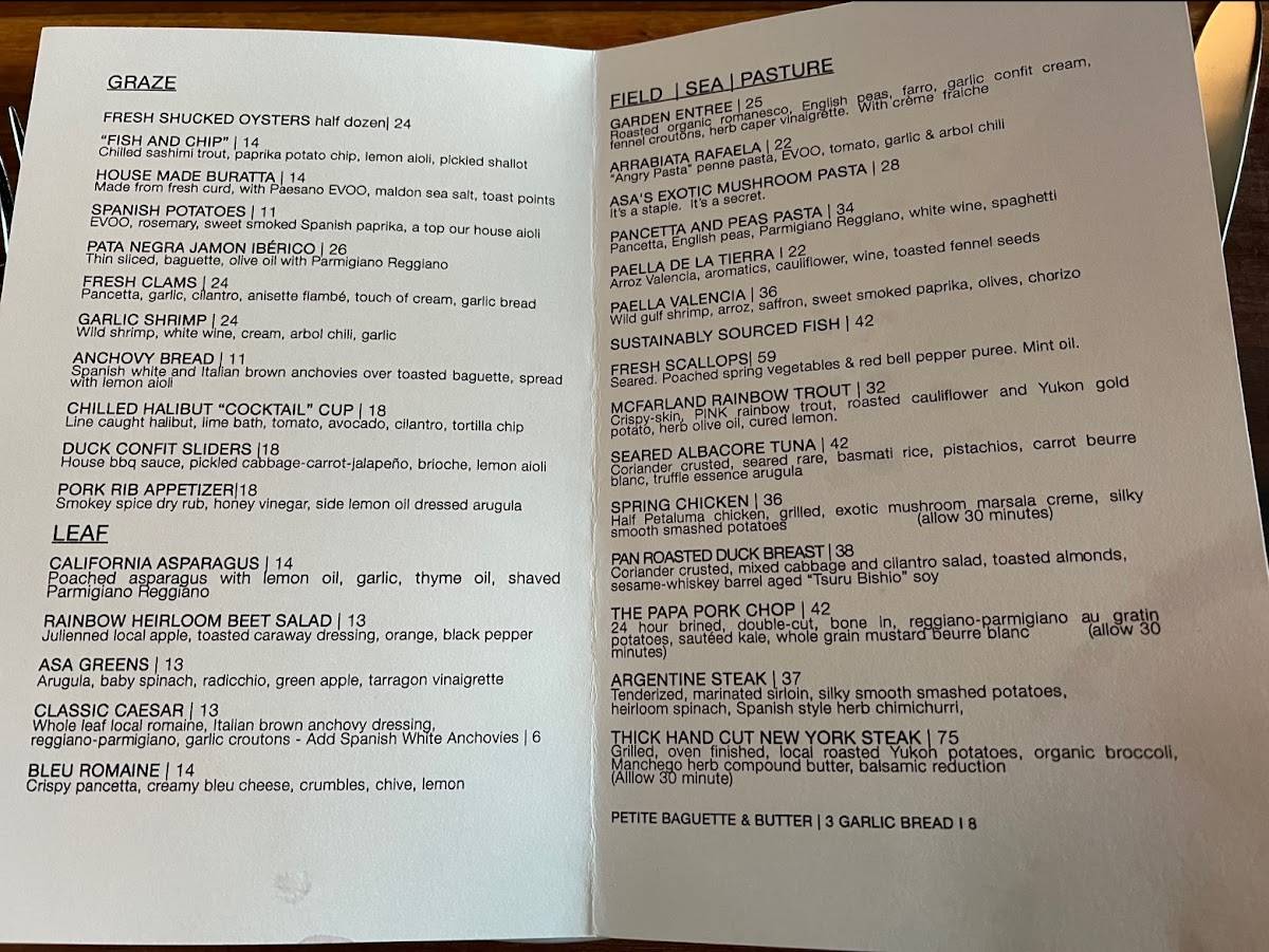 Menu at ASA Restaurant - Los Altos, Los Altos