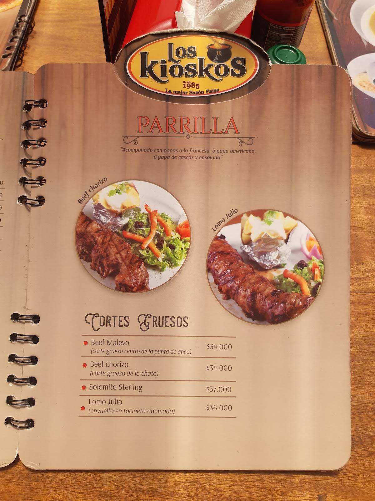 Menu at Los Kioskos restaurant, Guarne, Autopista Medellín-Bogotá #Km 27