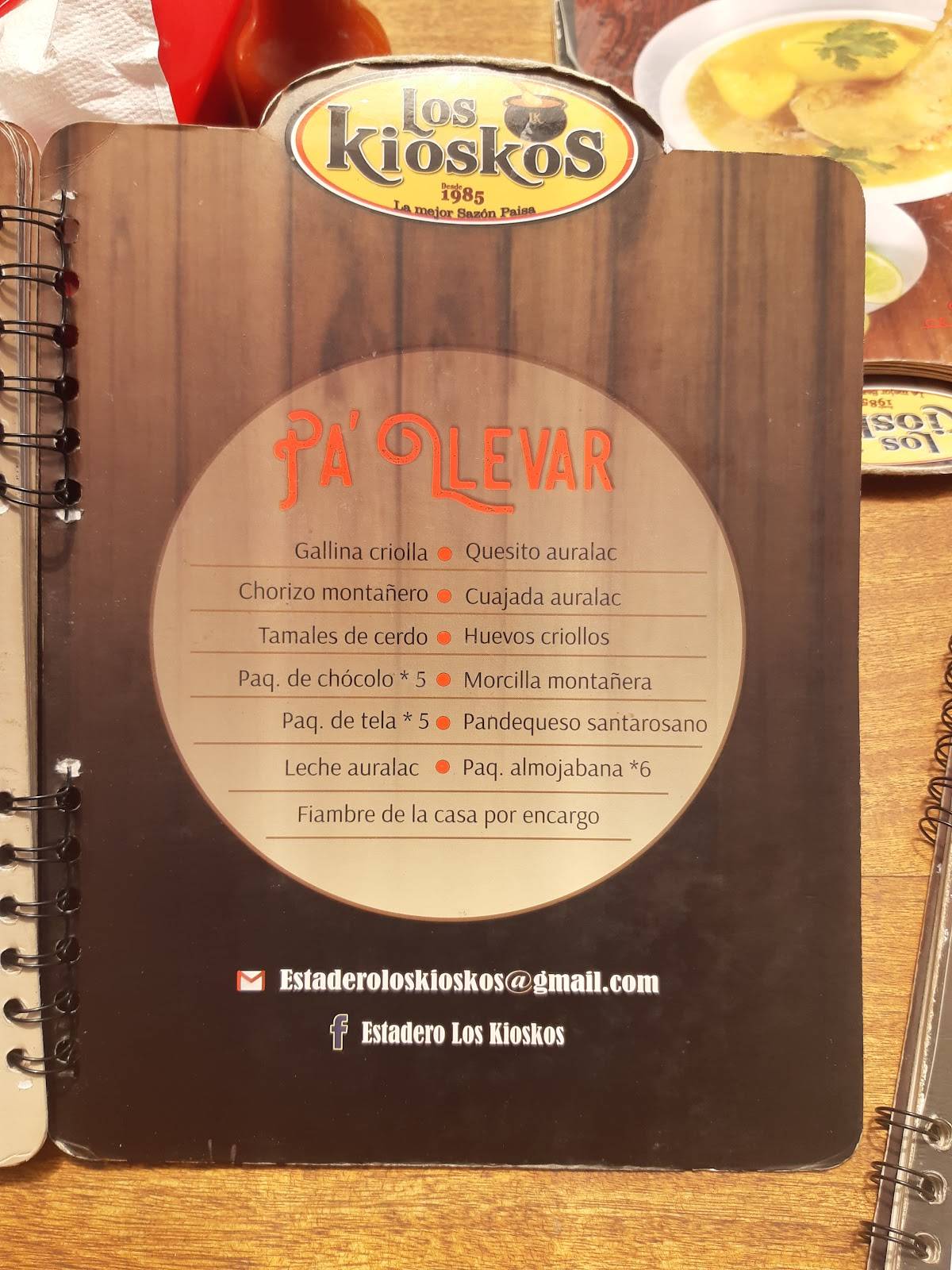 Menu at Los Kioskos restaurant, Guarne, Autopista Medellín-Bogotá #Km 27