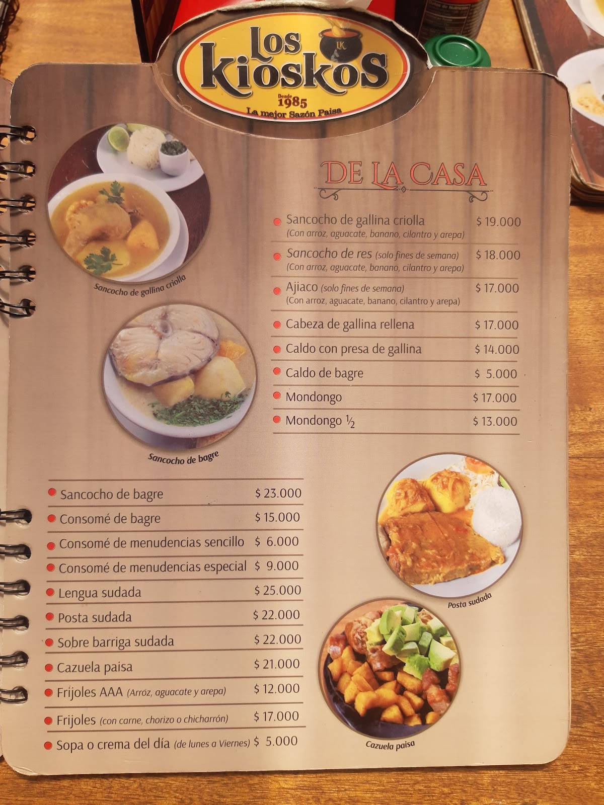 Menu at Los Kioskos restaurant, Guarne, Autopista Medellín-Bogotá #Km 27
