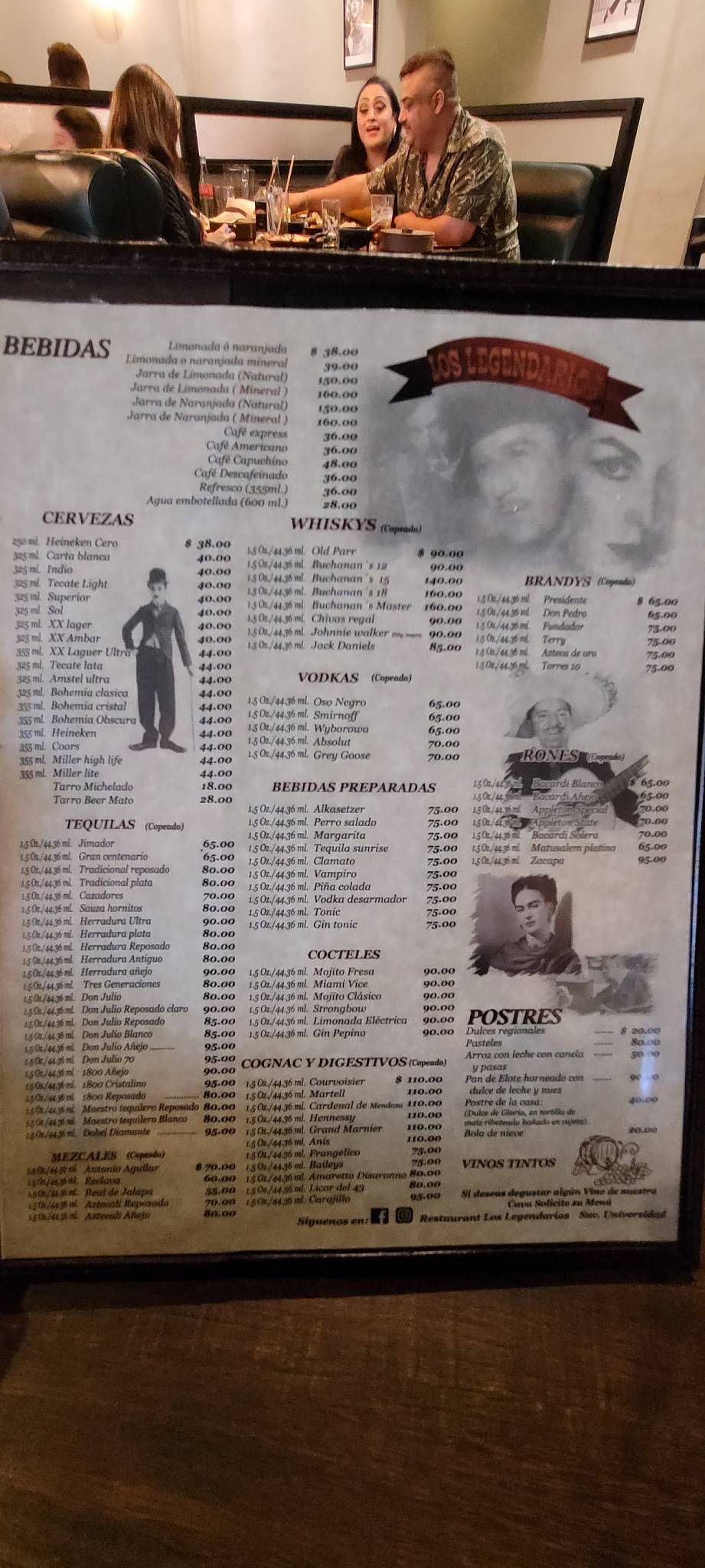 Carta del restaurante Los Legendarios Paseo del los Leones, Monterrey