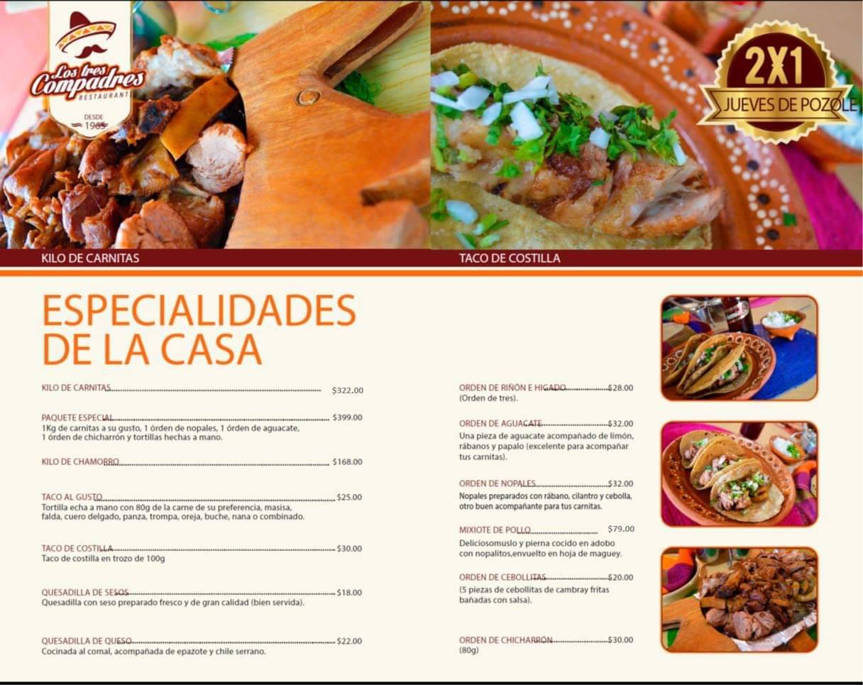 Carta del restaurante Los Tres Compadres, Nezahualcóyotl, Aerolito 6408