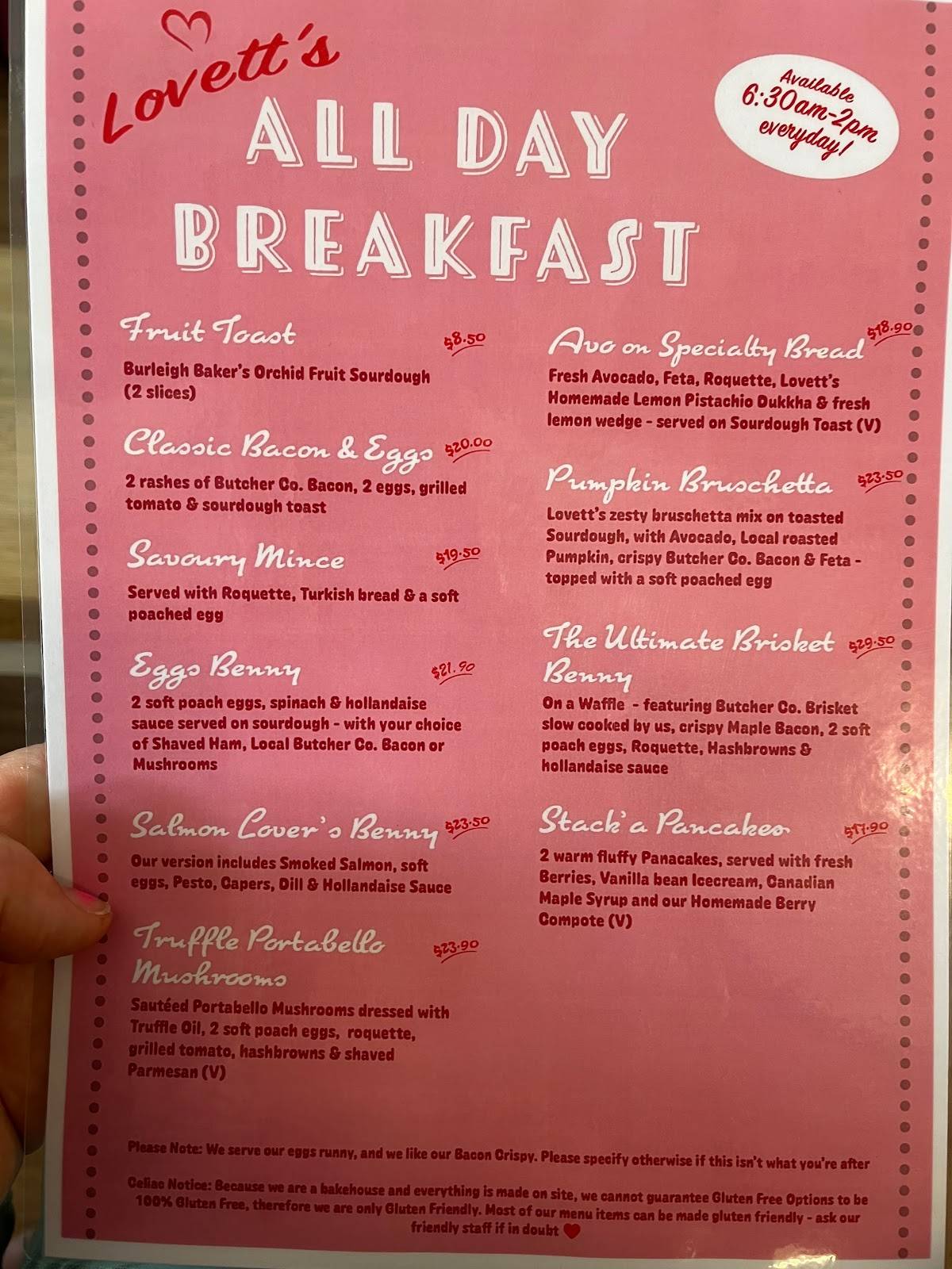 Menu at Lovett at Kalbar, Kalbar