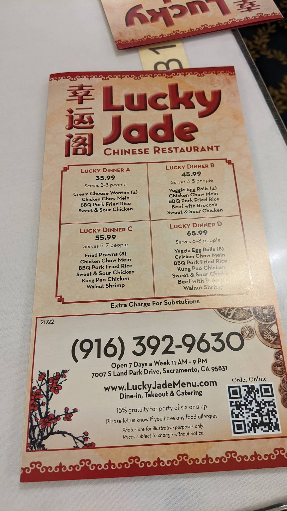 Menu at Lucky Jade restaurant, Sacramento, S Land Park Dr