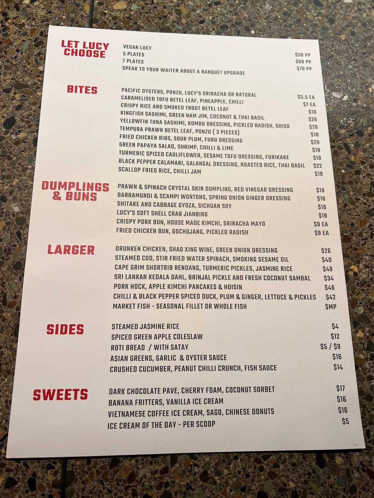 Menu at Lucy Liu Kitchen and Bar, Melbourne
