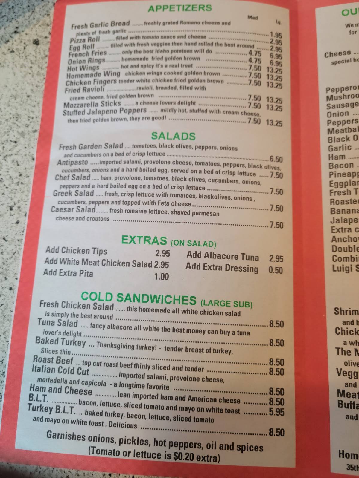 Menu at Luigi's pizzeria, Revere