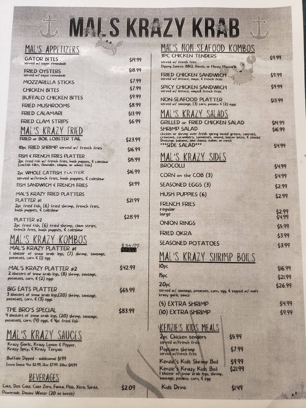 Menu at MALS KRAZY KRAB restaurant, Monroe