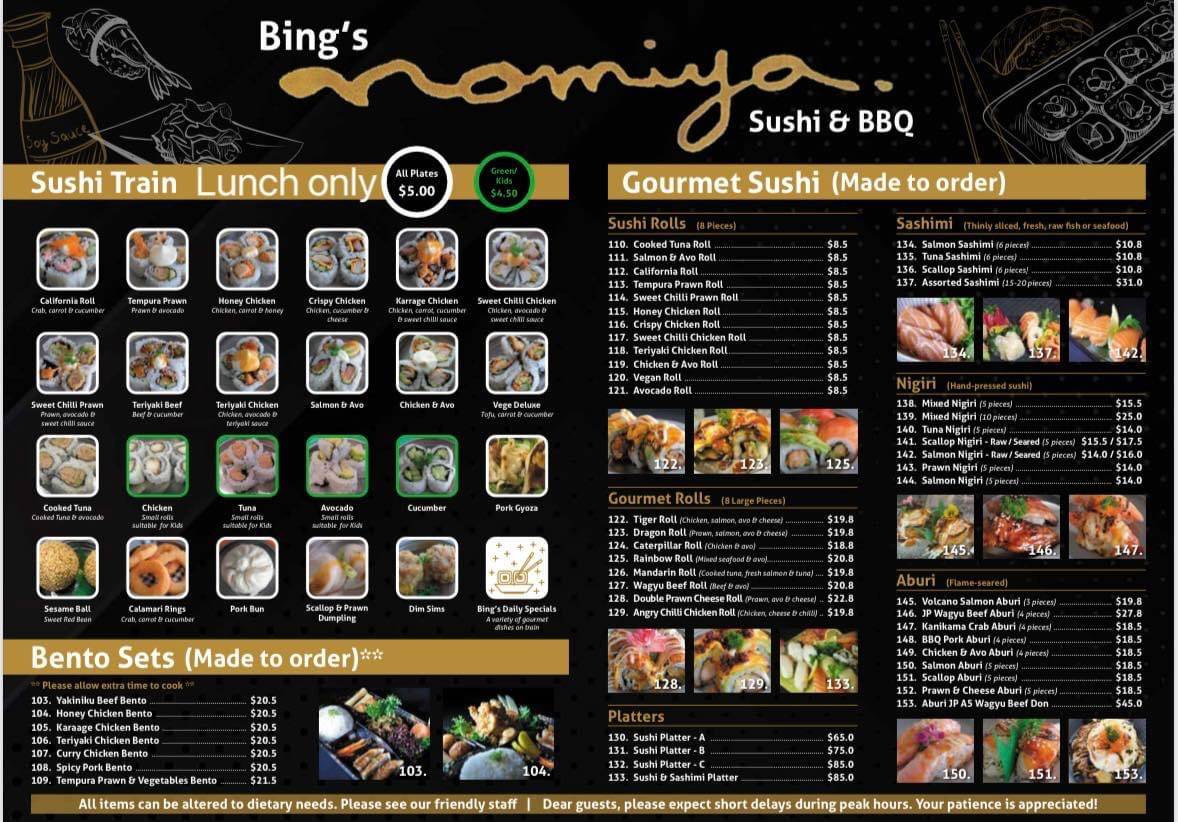 Menu at Bing’s Nomiya restaurant, Mackay