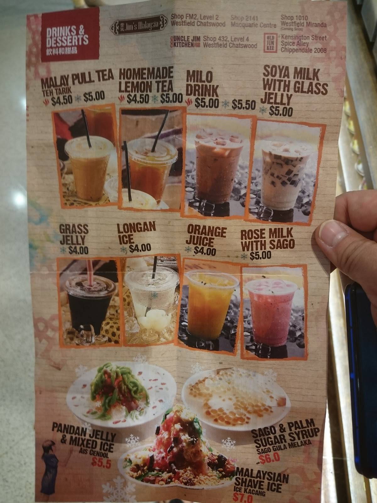 Menu at Jim's Malaysia Macquarie Centre restaurant, Macquarie Park