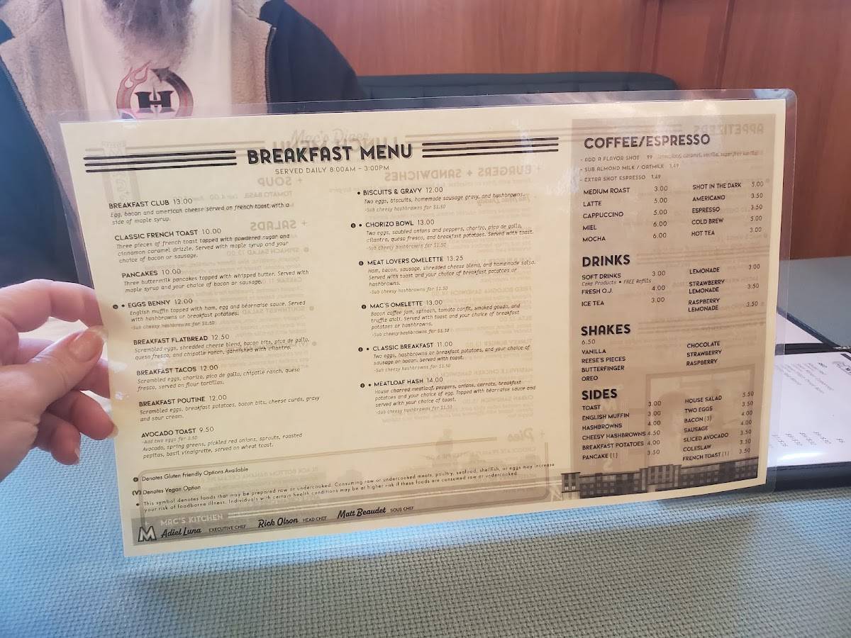 Menu at Mac's Diner restaurant, North Saint Paul