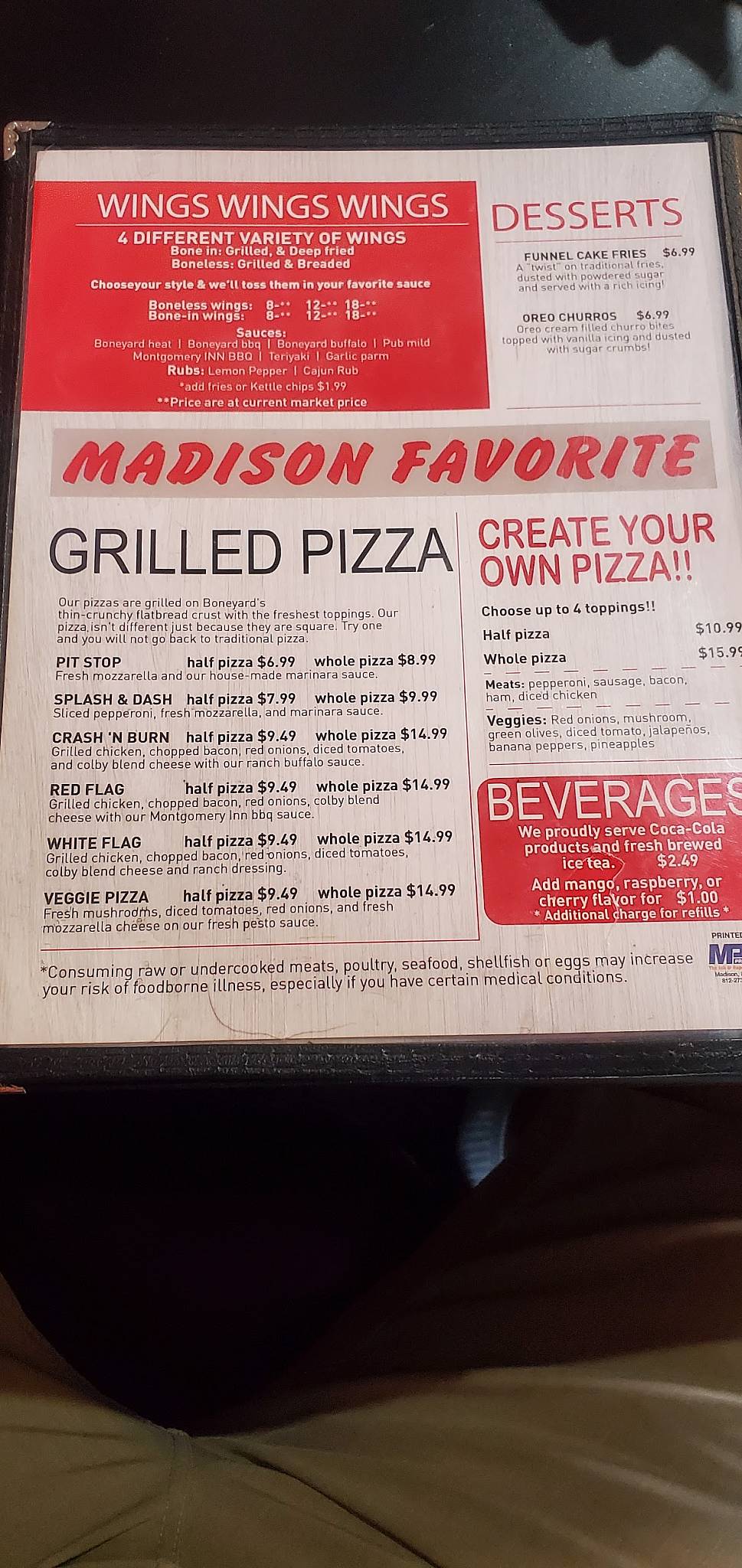 Menu at Boneyard Grill pub & bar, Madison