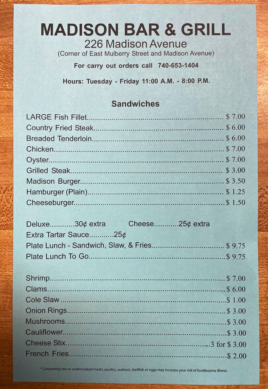 Menu at Madison's Bar & Grill, Lancaster