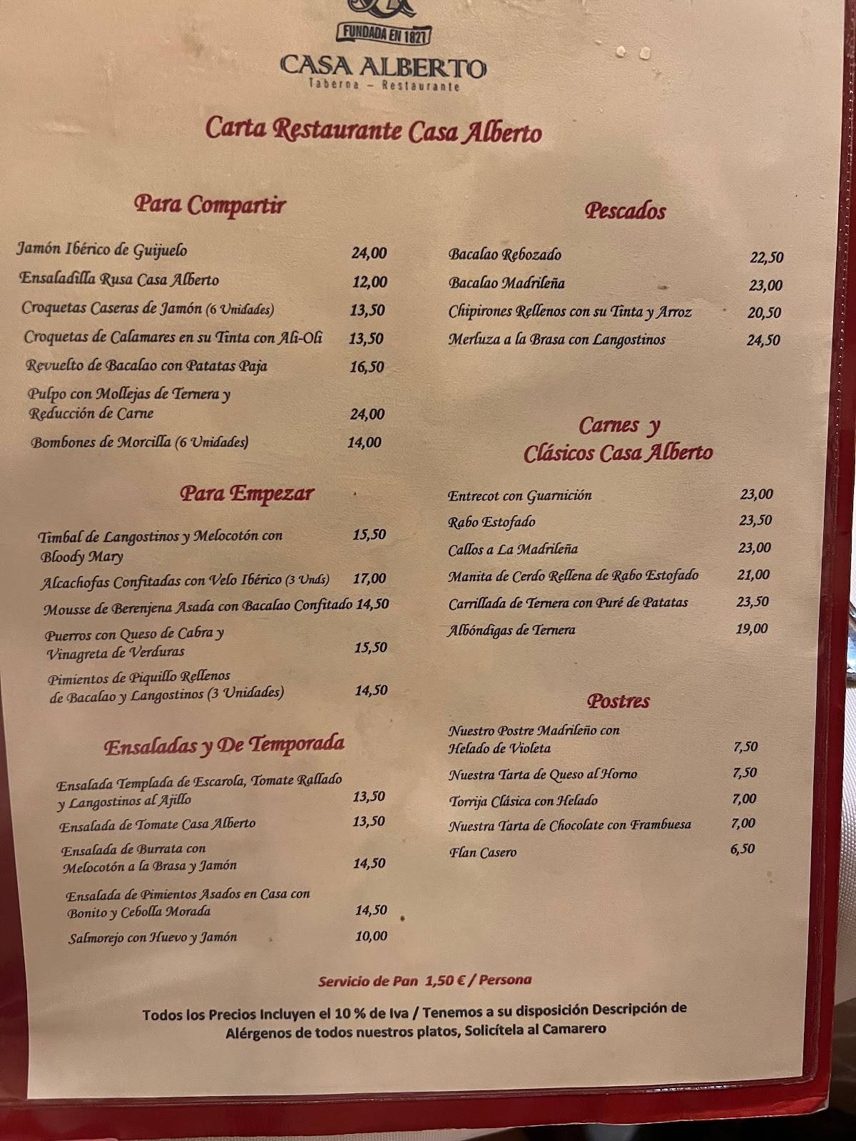 Carta del restaurante Casa Alberto, Madrid, Calle del Las Huertas