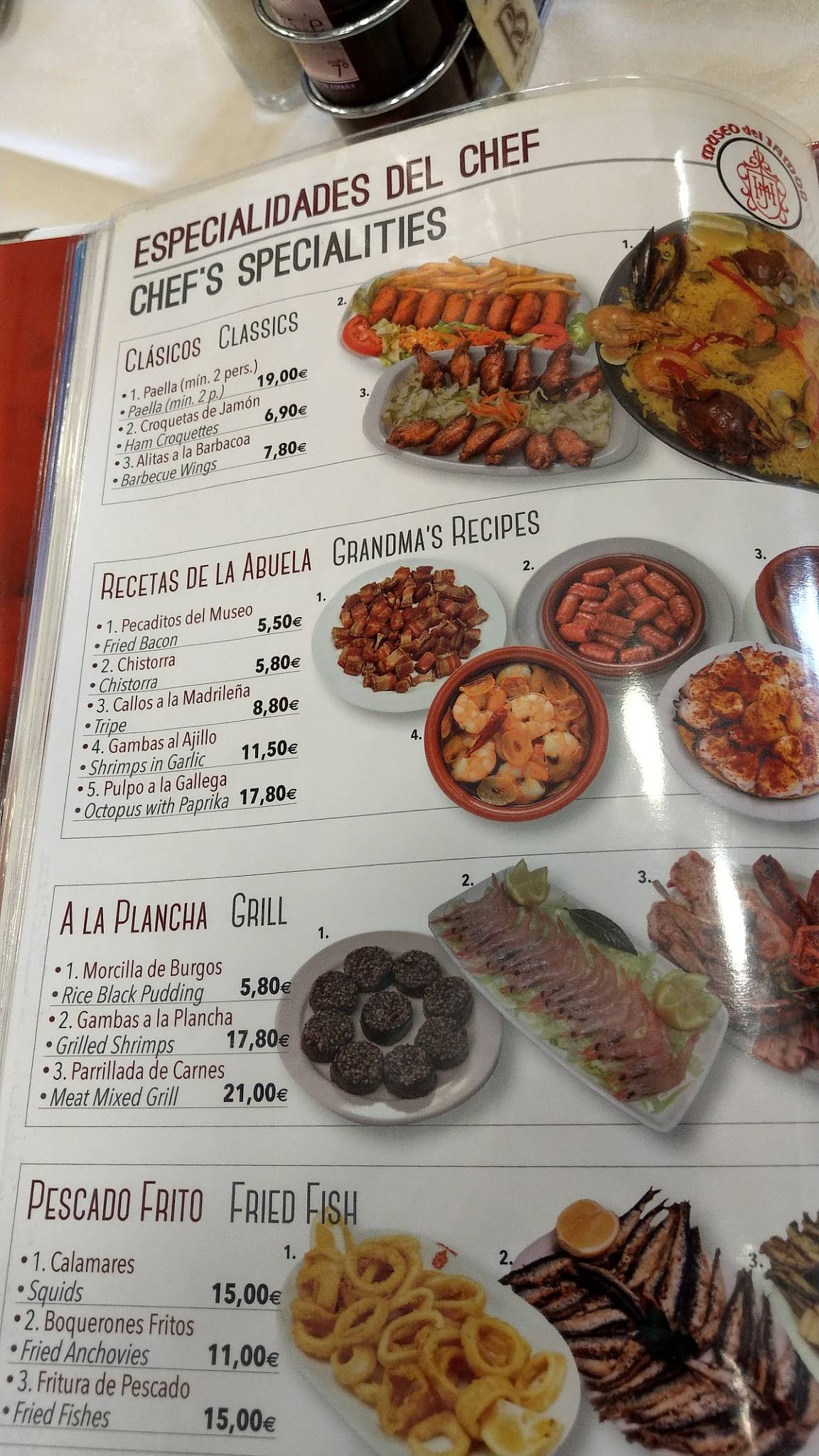 Menu at Museo del Jamón restaurant, Madrid, Pl. Mayor