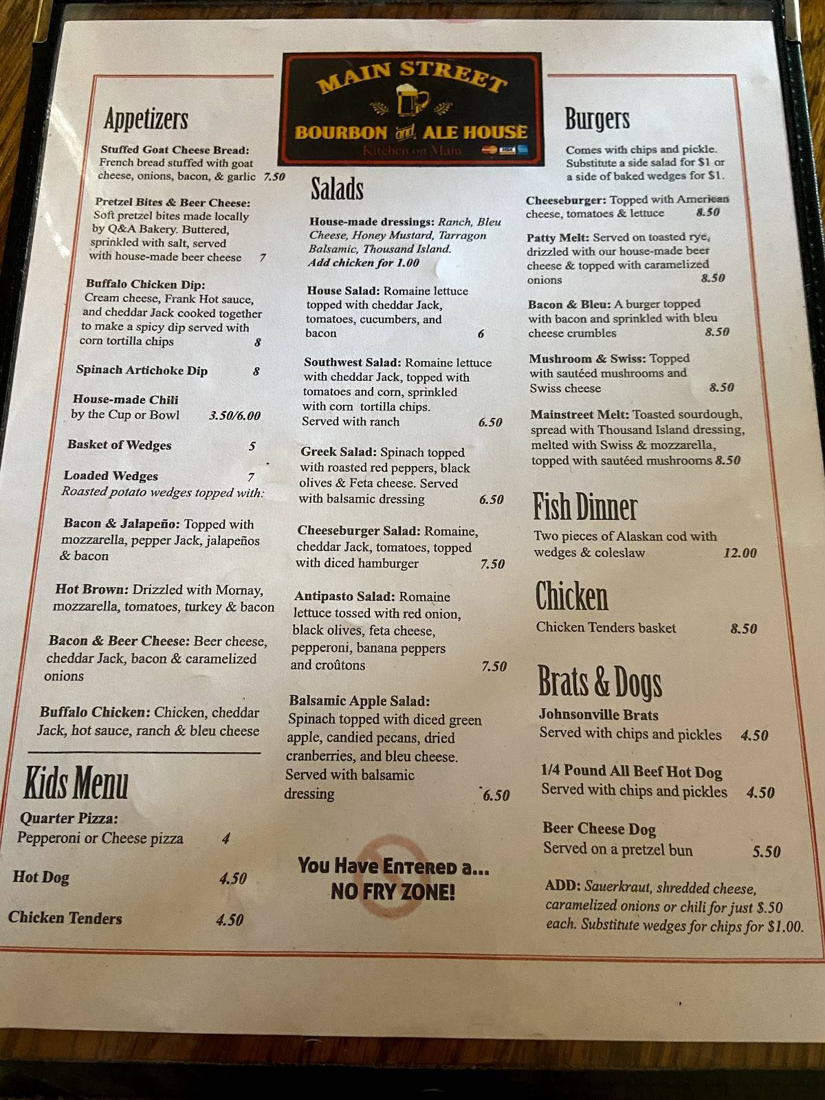 Menu at Main Street Bourbon And Ale House pub & bar, La Grange