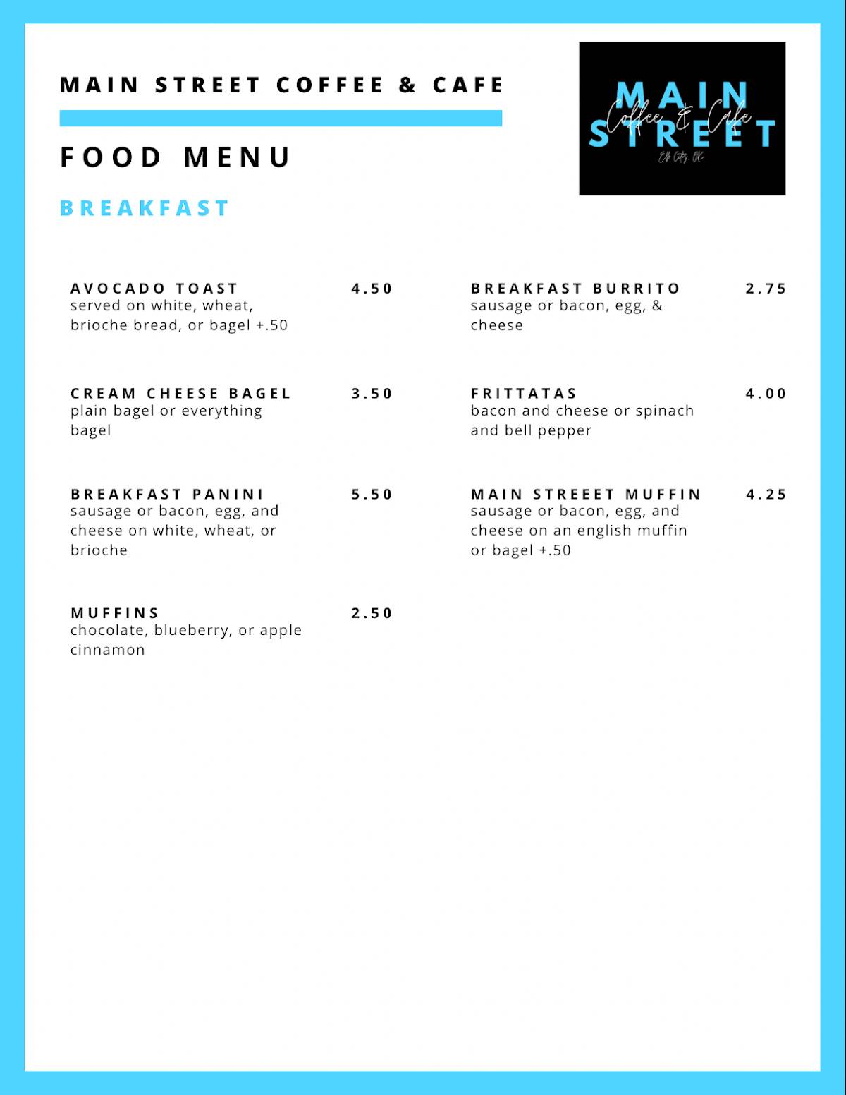 Menu at Main Street Coffee & Cafe, Elk City