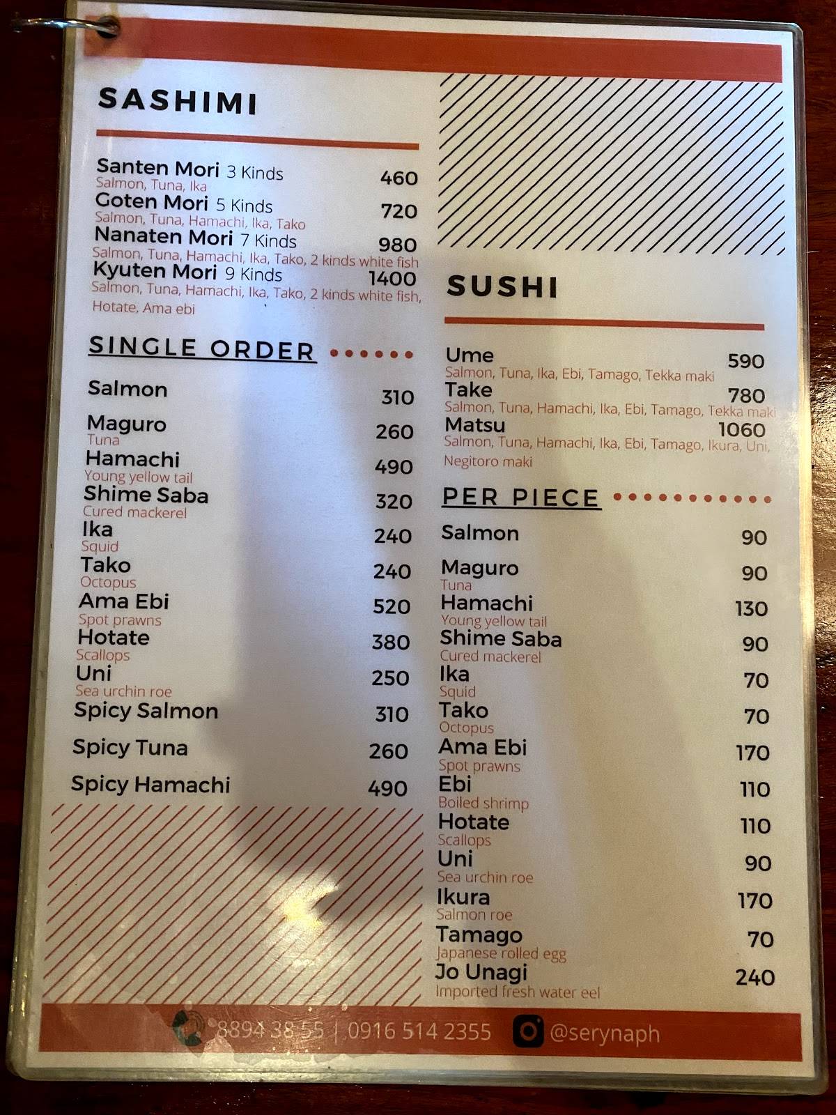 Menu at Seryna Japanese Restaurant, Makati, Chino Roces Ave