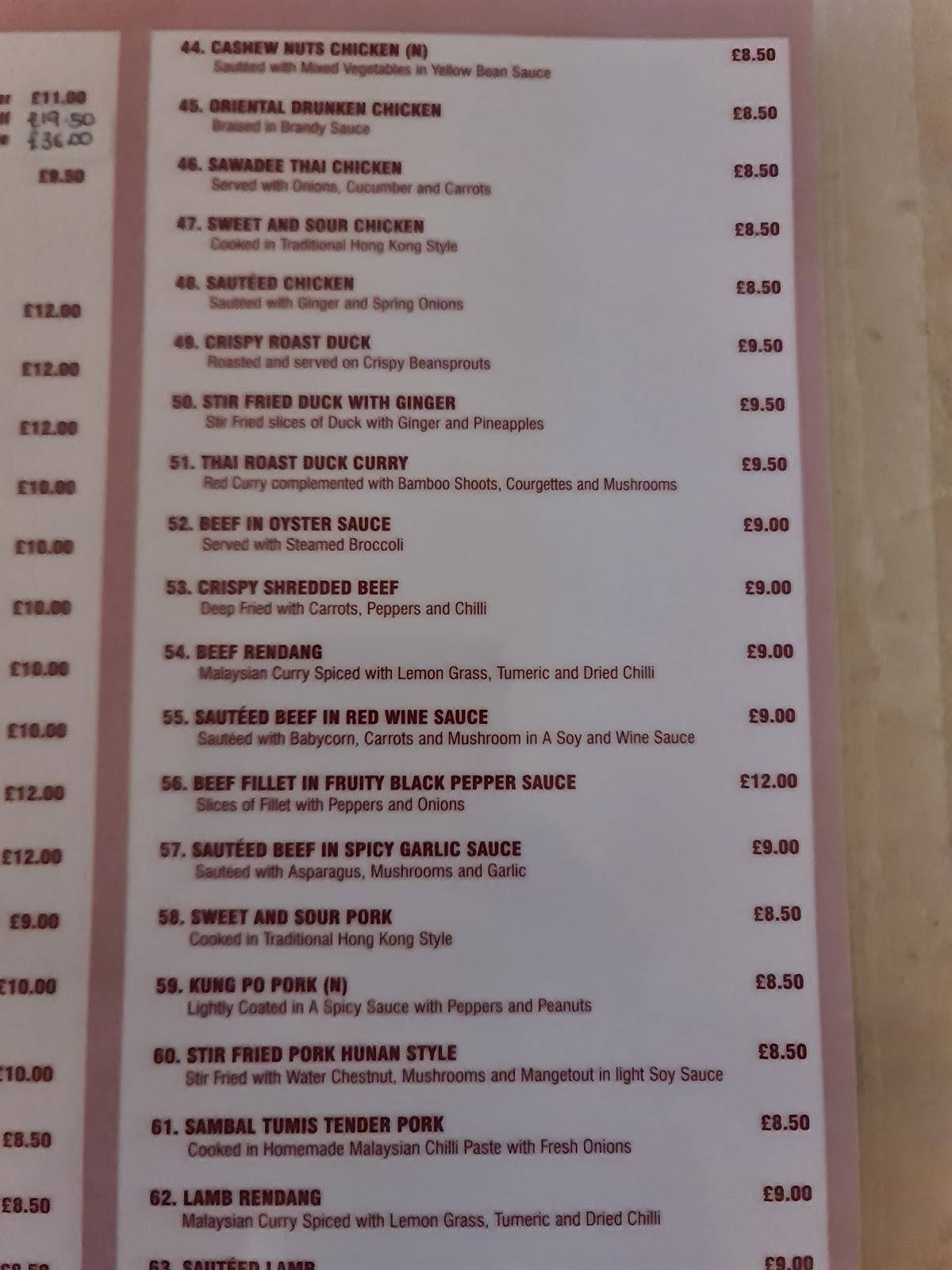 Menu at Malacca restaurant, Farnborough