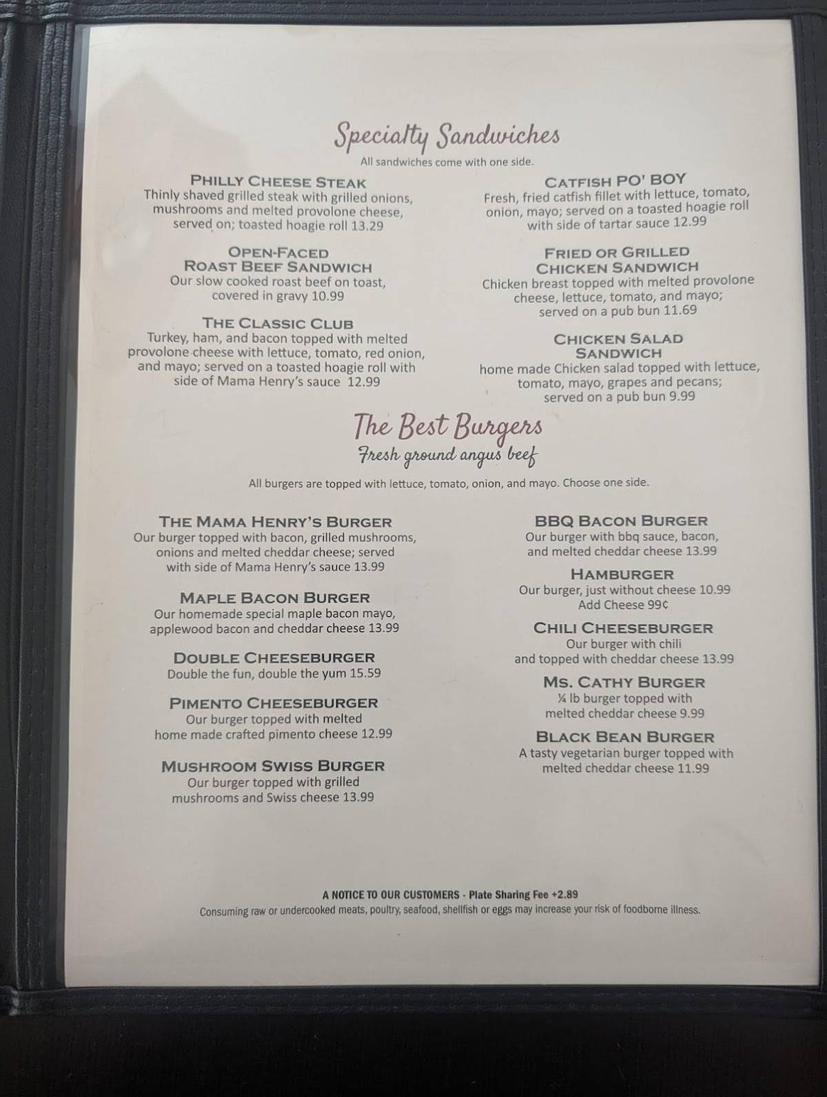Menu at Mama Henry’s restaurant, West Columbia