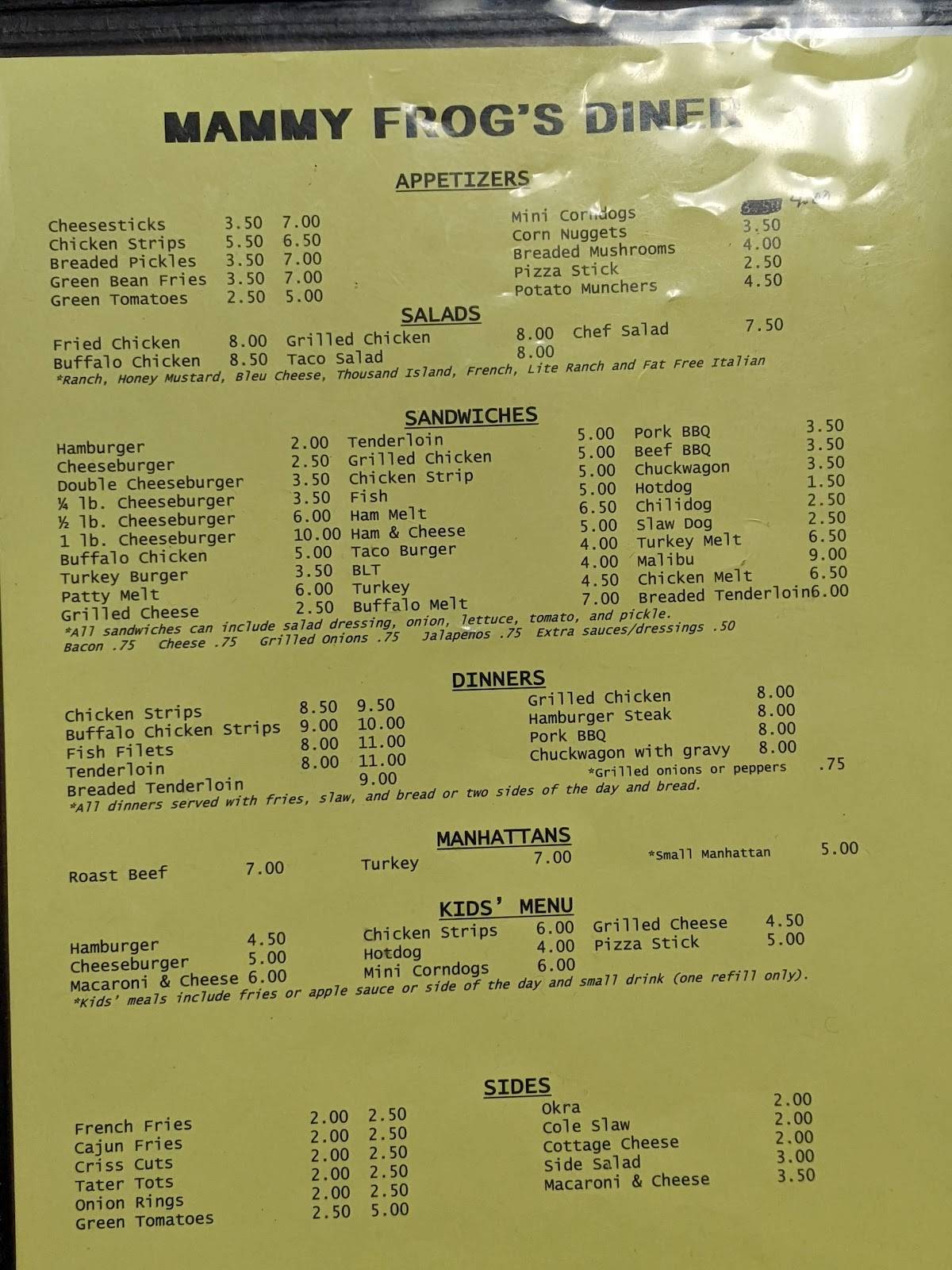 Menu at Mammy Frog's Diner restaurant, Russell Springs