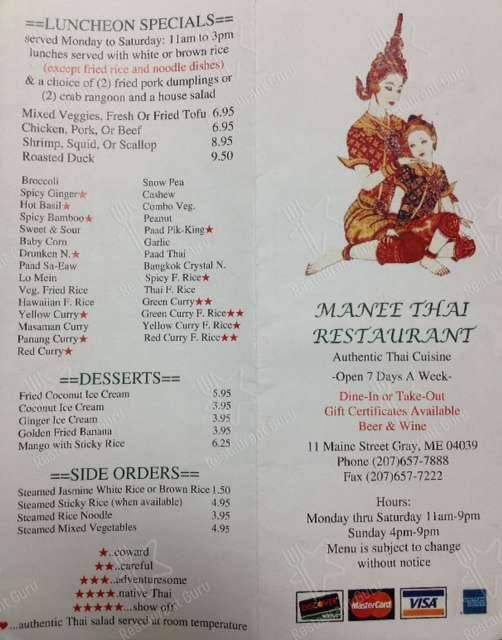Menu at Manee Thai restaurant, Gray
