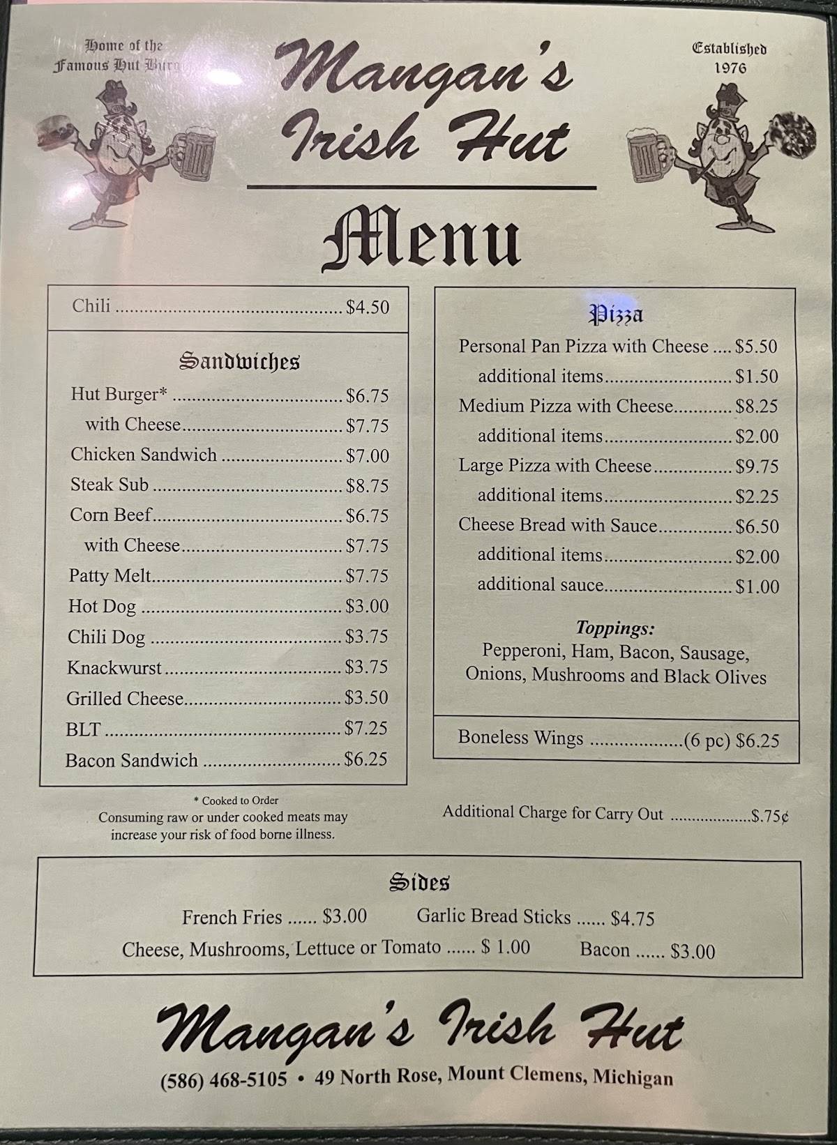 Menu at Mangan's Irish Hut pub & bar, Mount Clemens